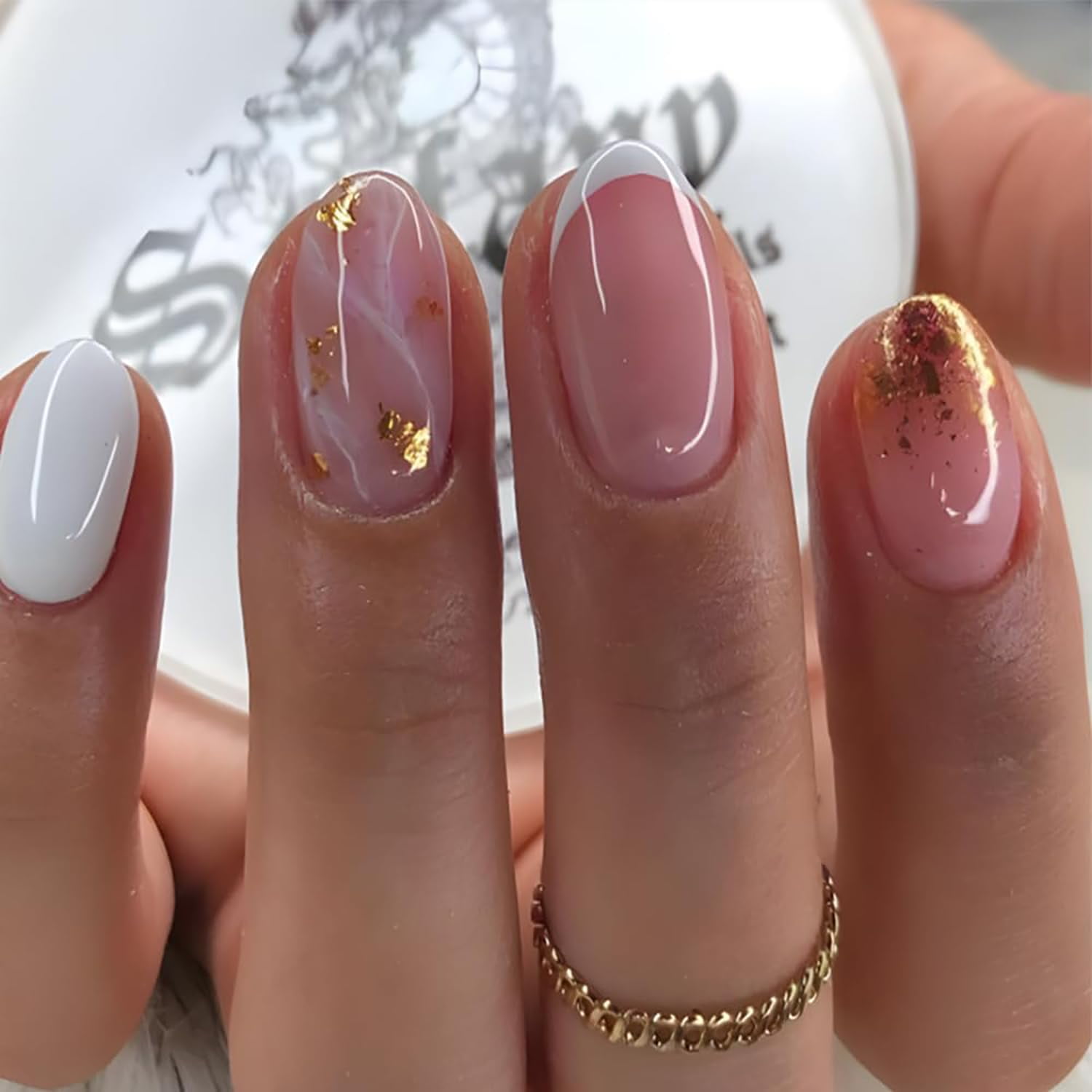 French Tip Press on Nails Short Round Head Almond Fake Nails with Gold Foil Design Full Cover Glue on Nails Pink Acrylic False Nails Glossy Stick on Nails for Women Girls DIY
