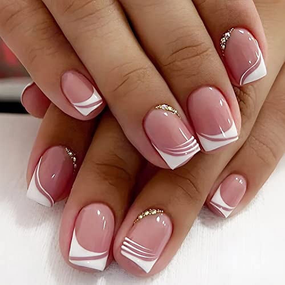 French Tip Press on Nails Short Square Fake Nails Cute Pink Glue on ...