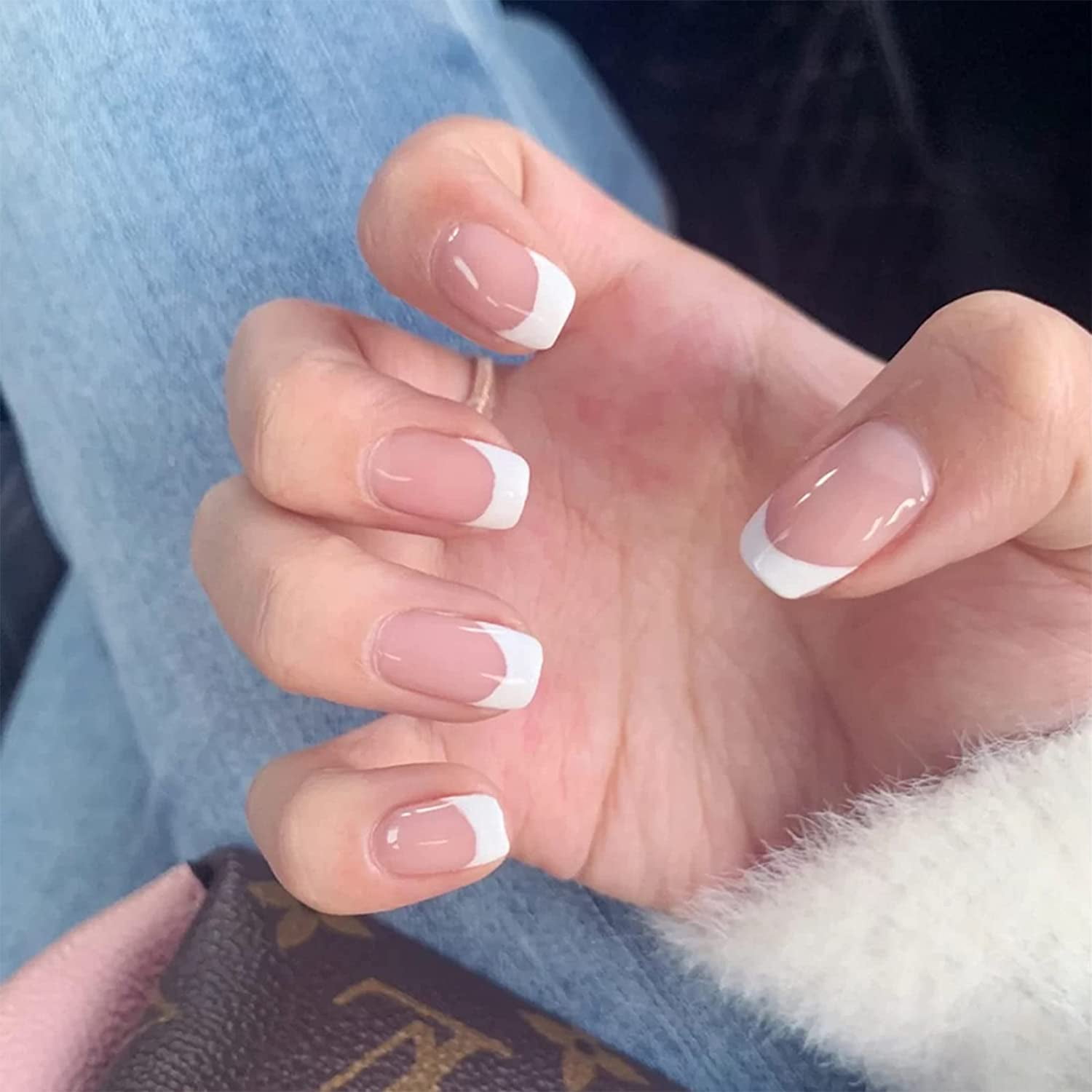 French Tip Short Press On Nails White Square Medium Glue On Reusable