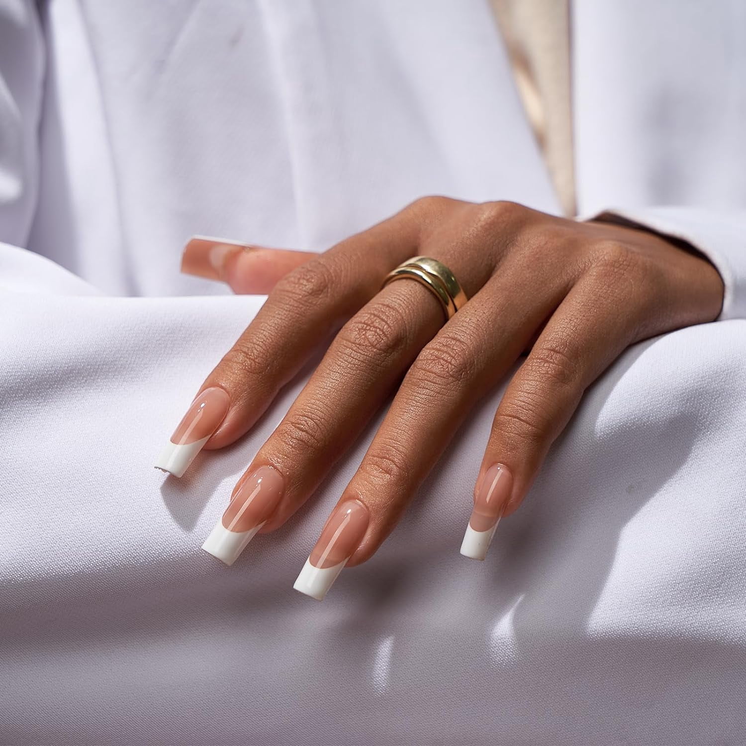French Tip Press On Nails - Square Press On Nails Long, Natural Fake ...