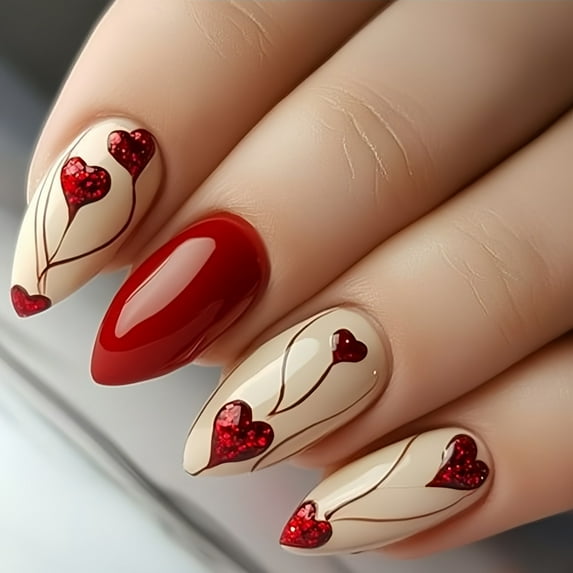 French Tip Press on Nails Heart Fake Nails Medium Square False Nails ...