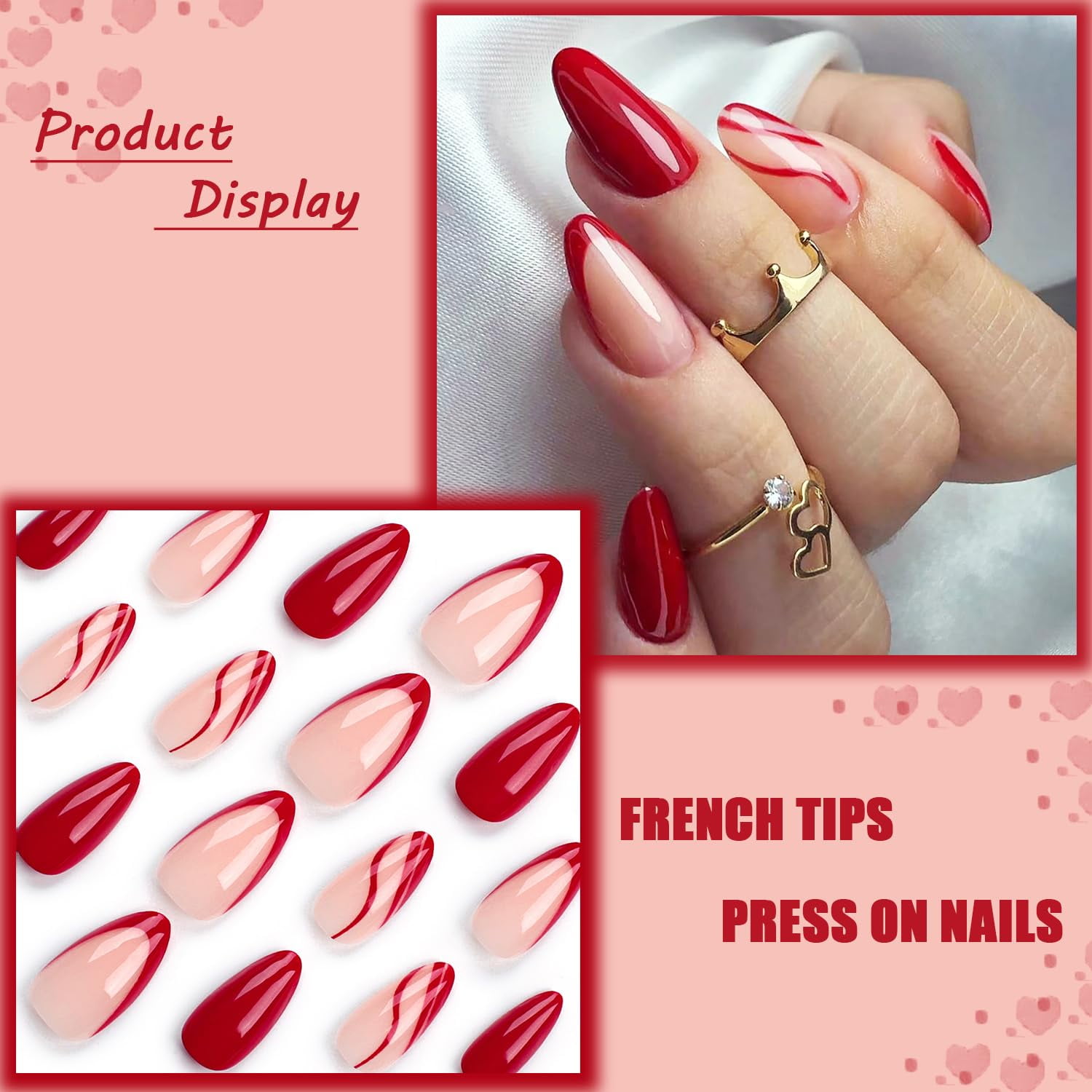 French Tips Press on Nails with Curve Designs Glossy Red Fake Nails ...