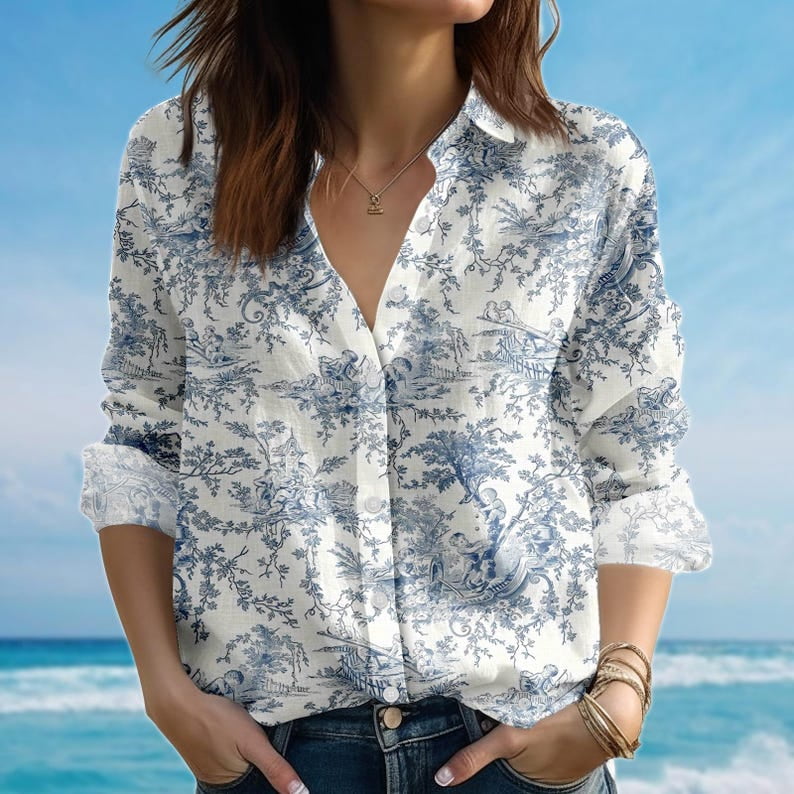 French Toile Blouse Shirt, Vintage Blue And White Women Shirt, Elegant ...