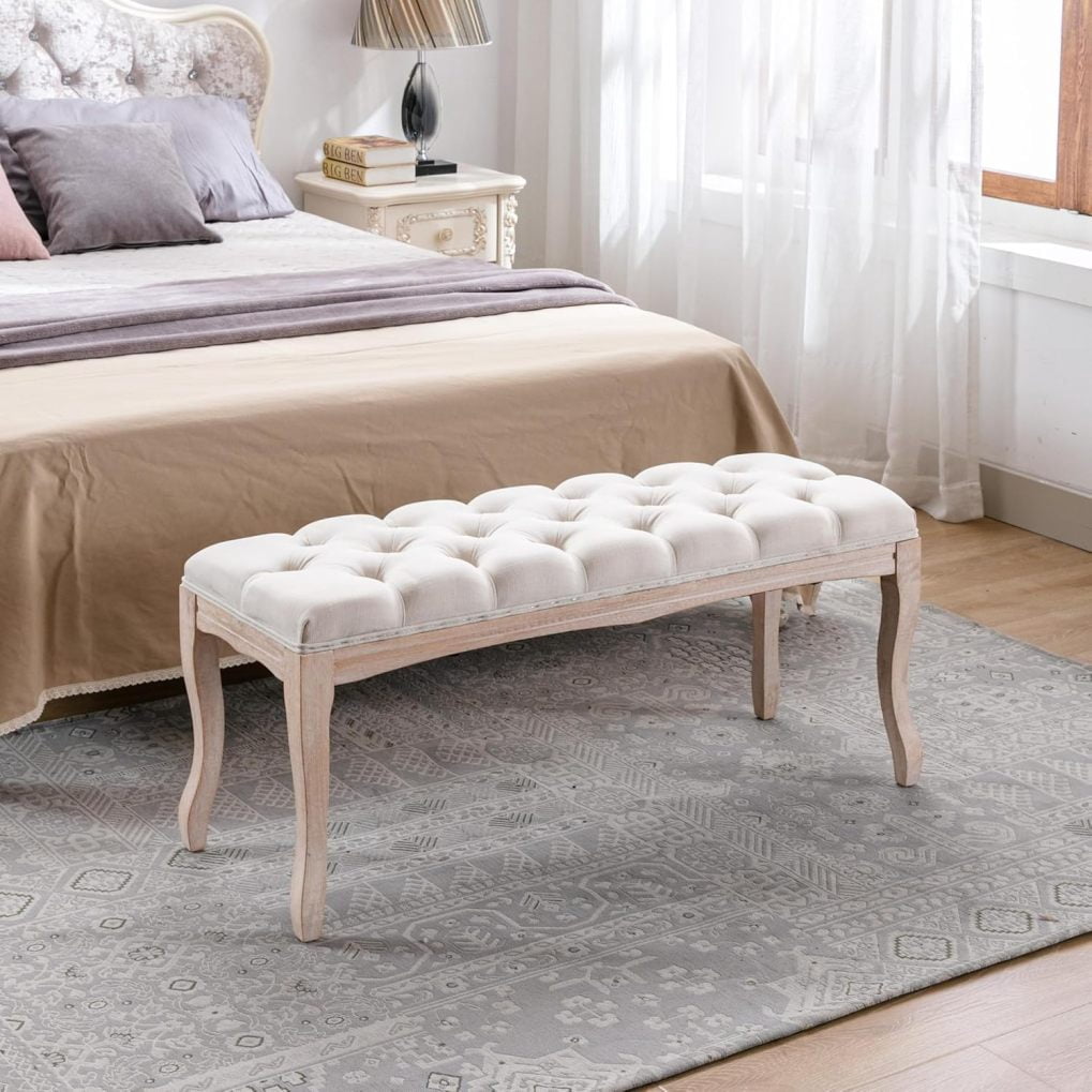 French Upholstered Tufted Entryway Bench, Mid-Century Vintage Linen ...