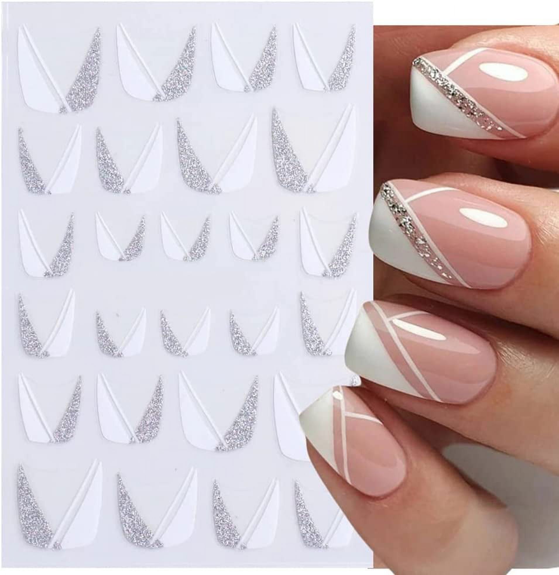 French V-Shaped Nail Art Sticker, 3D Self-Adhesive French Glitter Nail ...