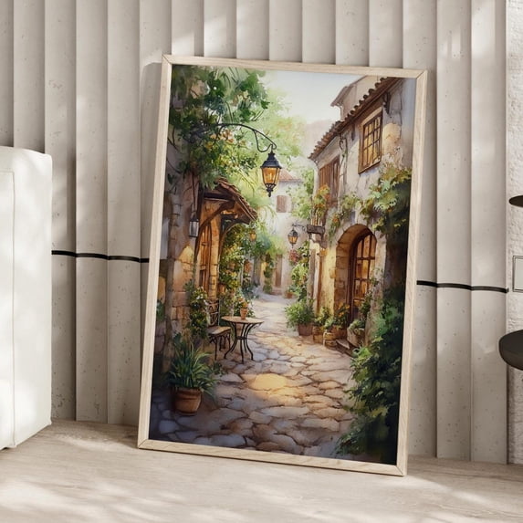French Village Street Wall Art Vintage European Decor, Stretched Canvas ...