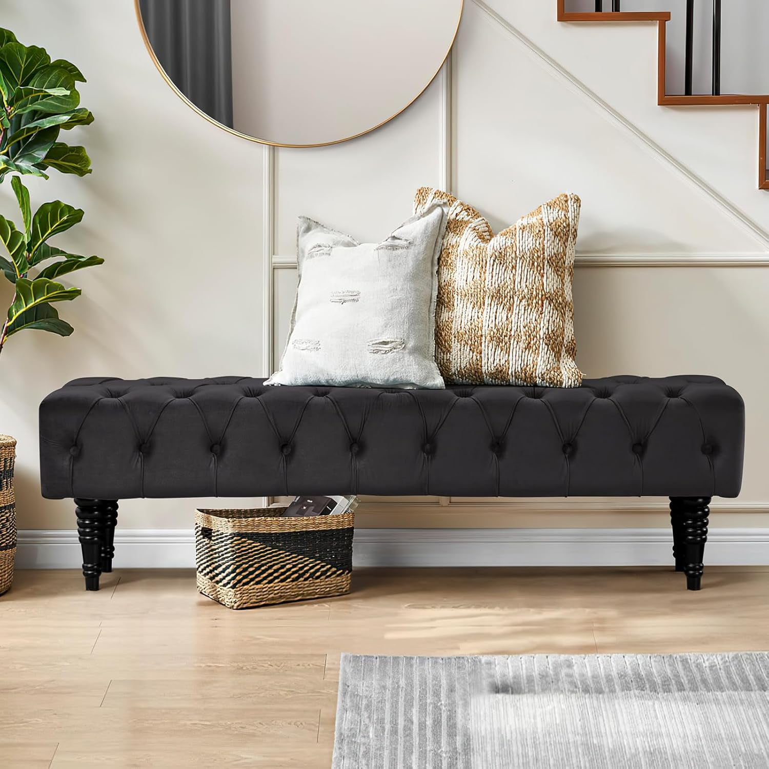 French Vintage Button-Tufted Upholstered Entryway Bench, Linen Fabric ...