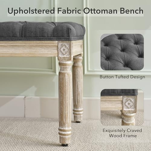 French Vintage Entryway Bench, Linen Fabric Tufted Bench, Upholstered ...
