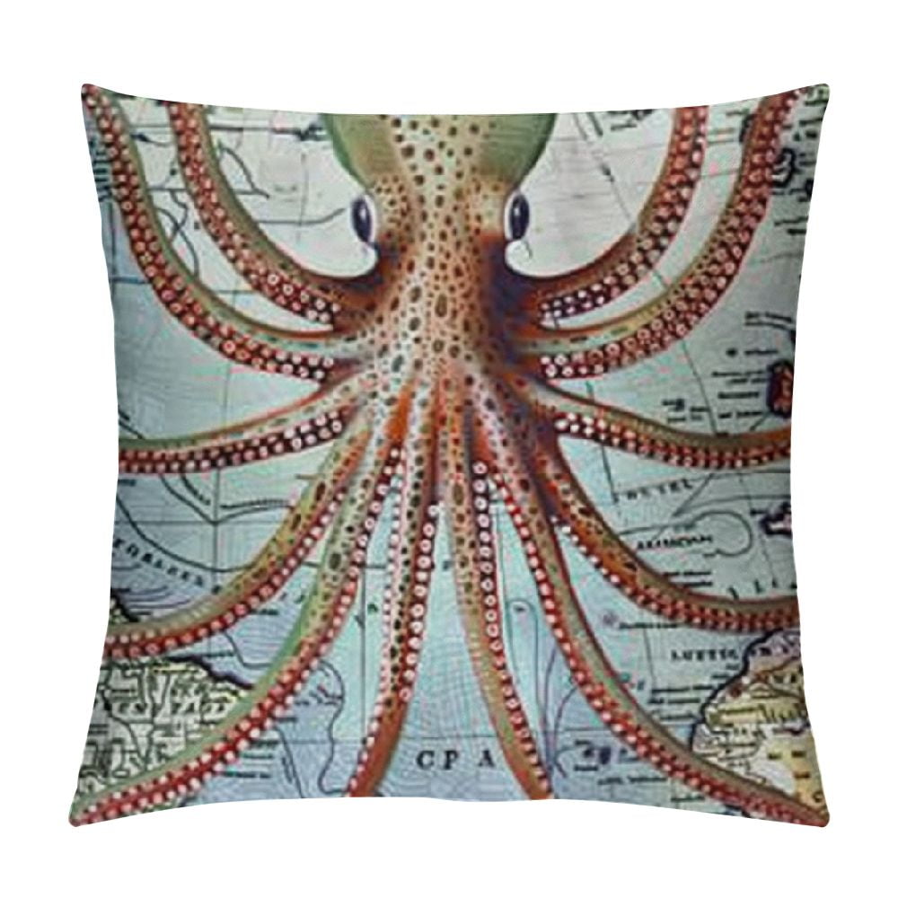 French Vintage Nautical Map Coastal Octopus Cushion Covers with Zippe ...