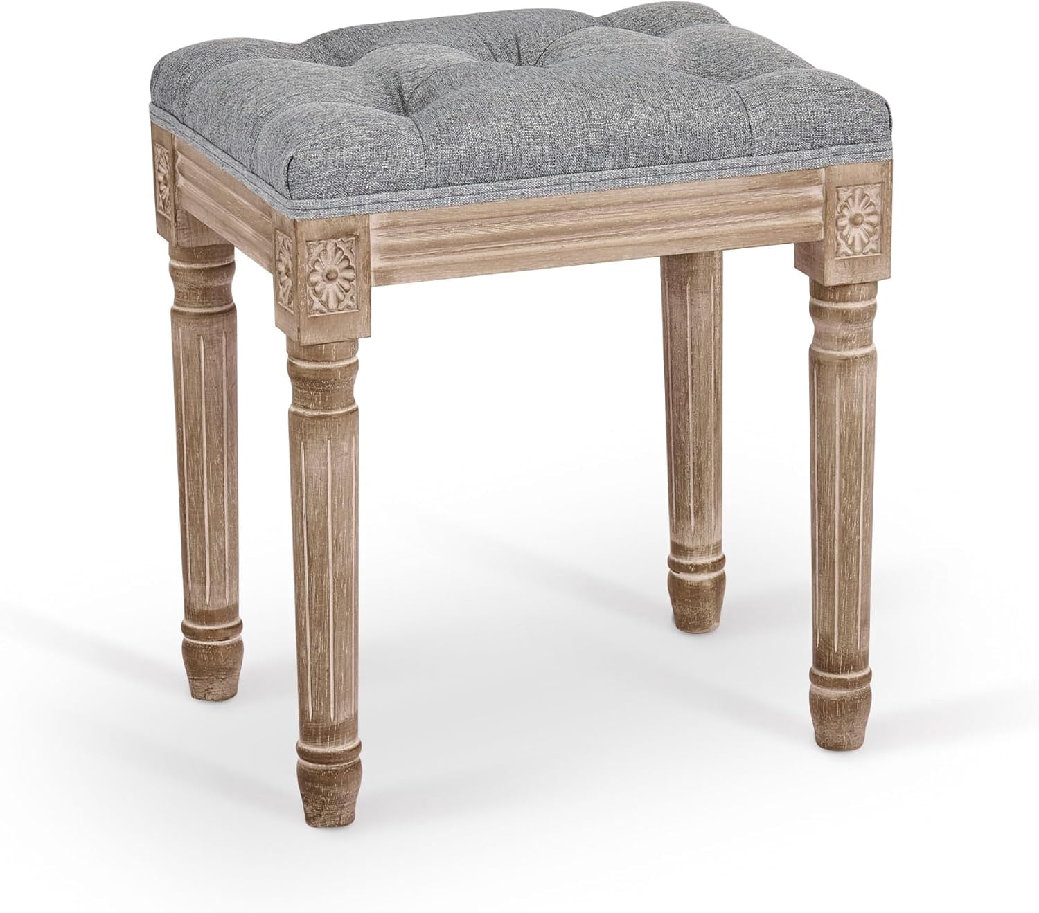 French Vintage Tufted Ottoman - 18.5" High Memory Foam Stool with ...