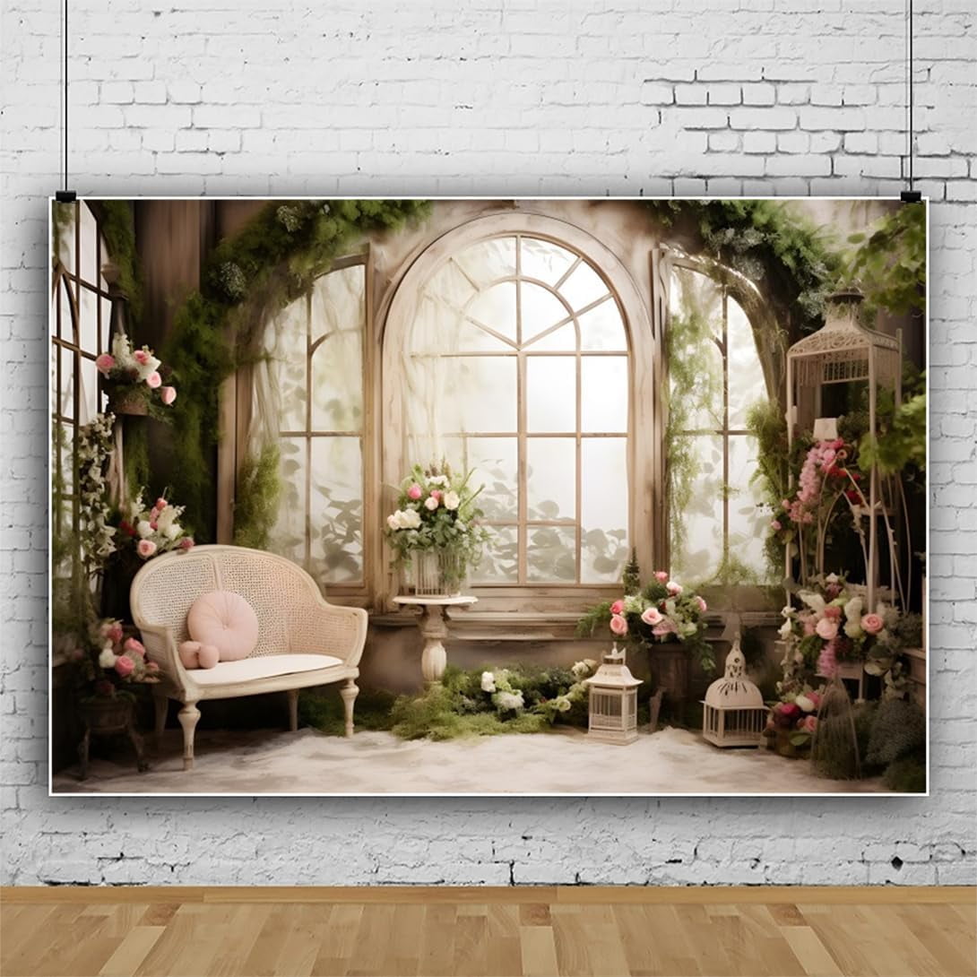 French Window Backdrop Living Room Sofa Green Leave Flower Background ...