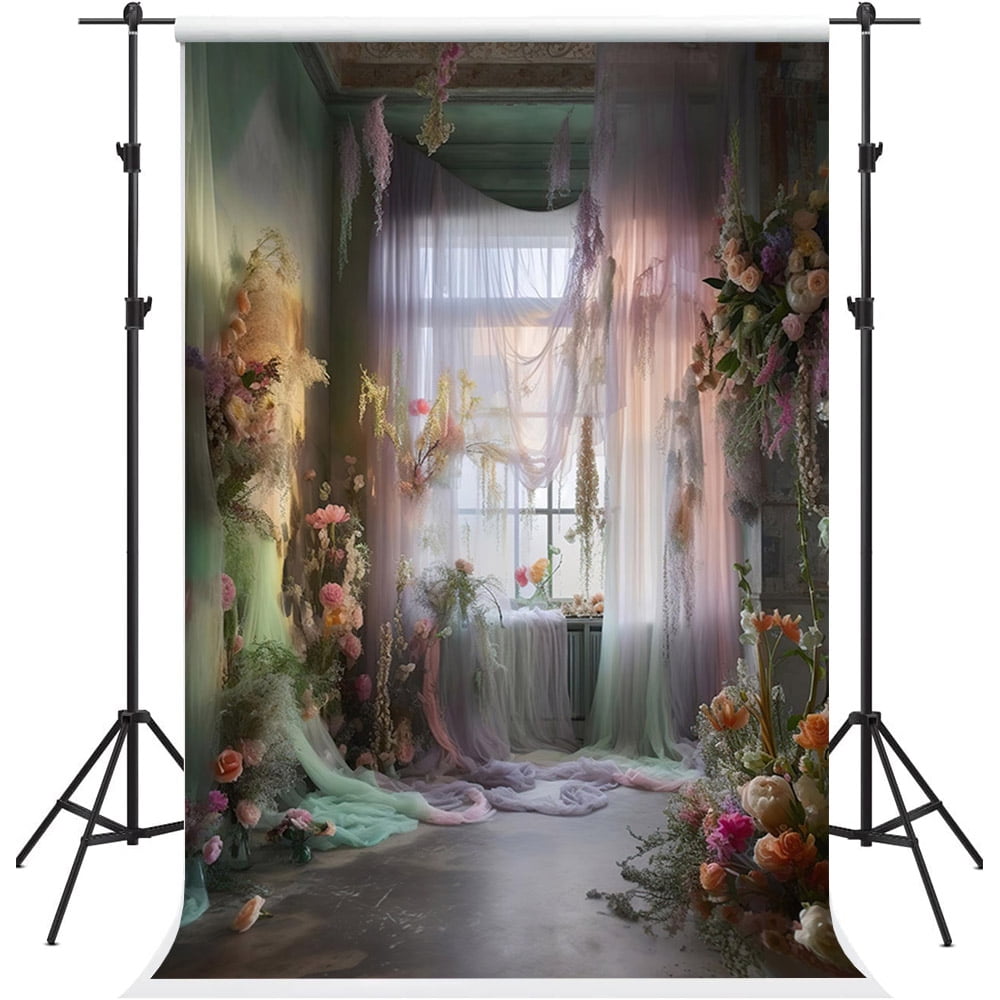 French Window Curtain Indoor Flowers Girl Birthday Wedding Portrait r ...