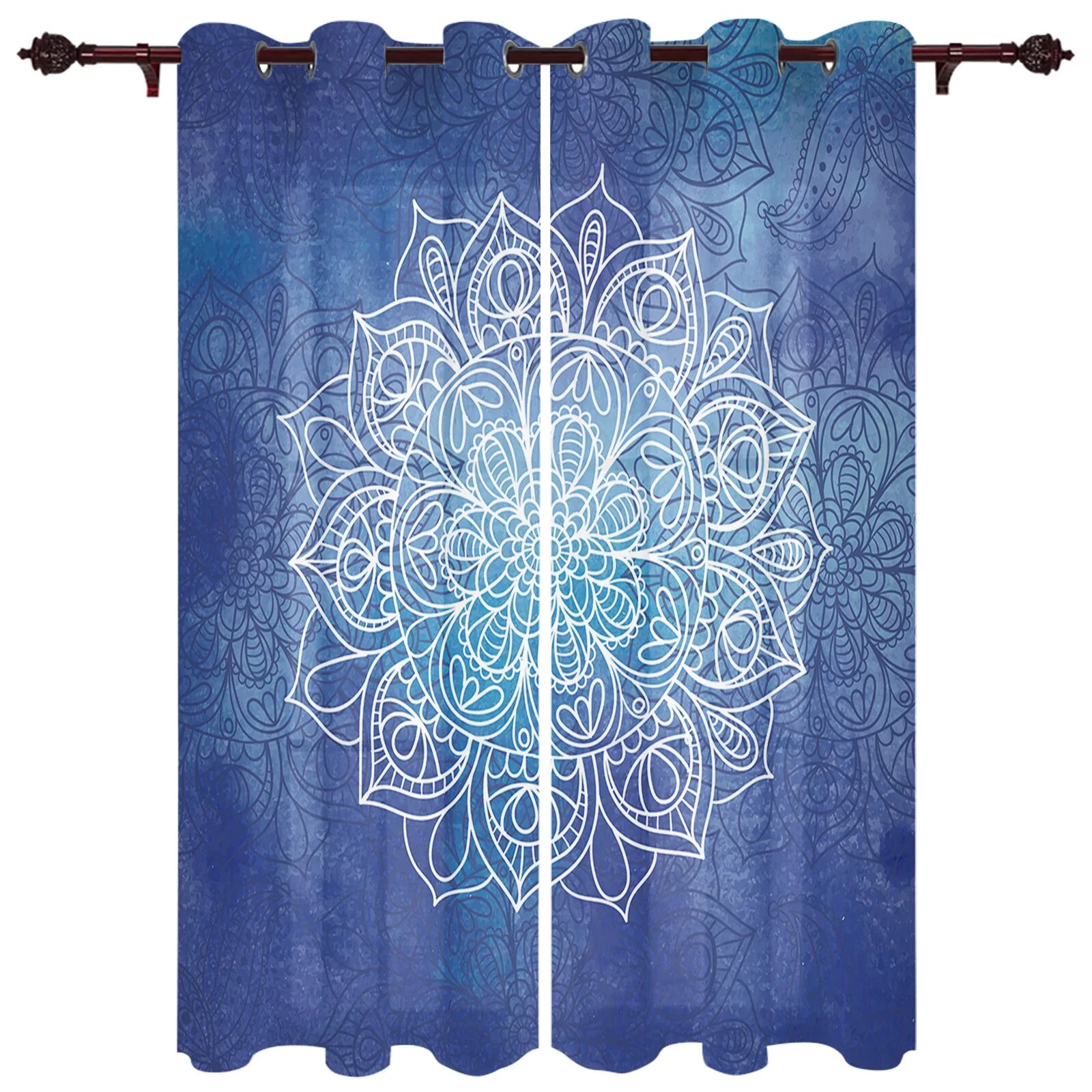 French Window Curtains Blue Watercolor Mandala Living Dining Room Kids ...