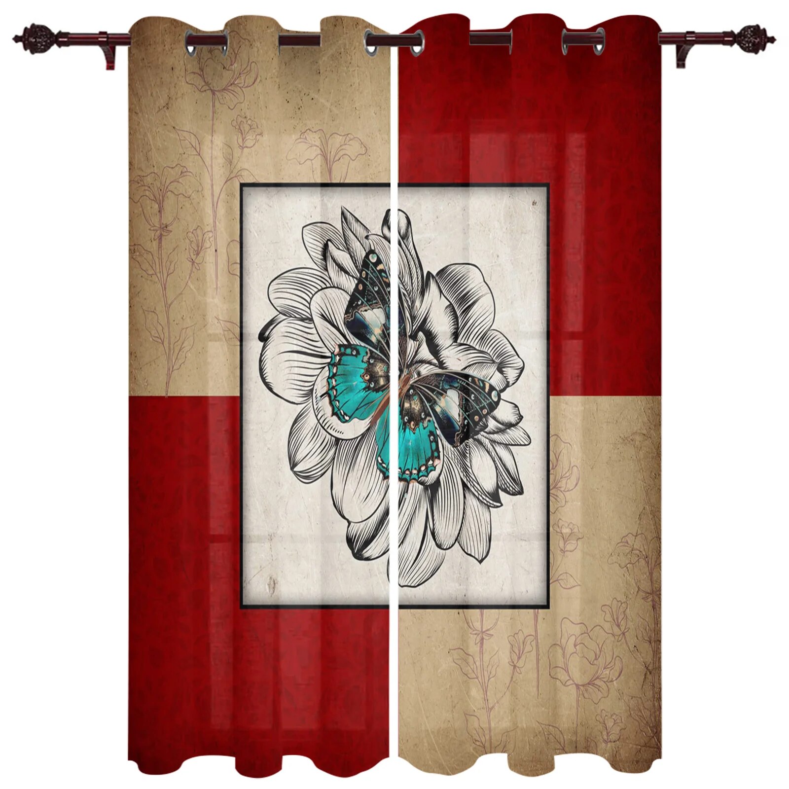 French Window Curtains Butterfly Flower Retro Walls Living Dining Room ...
