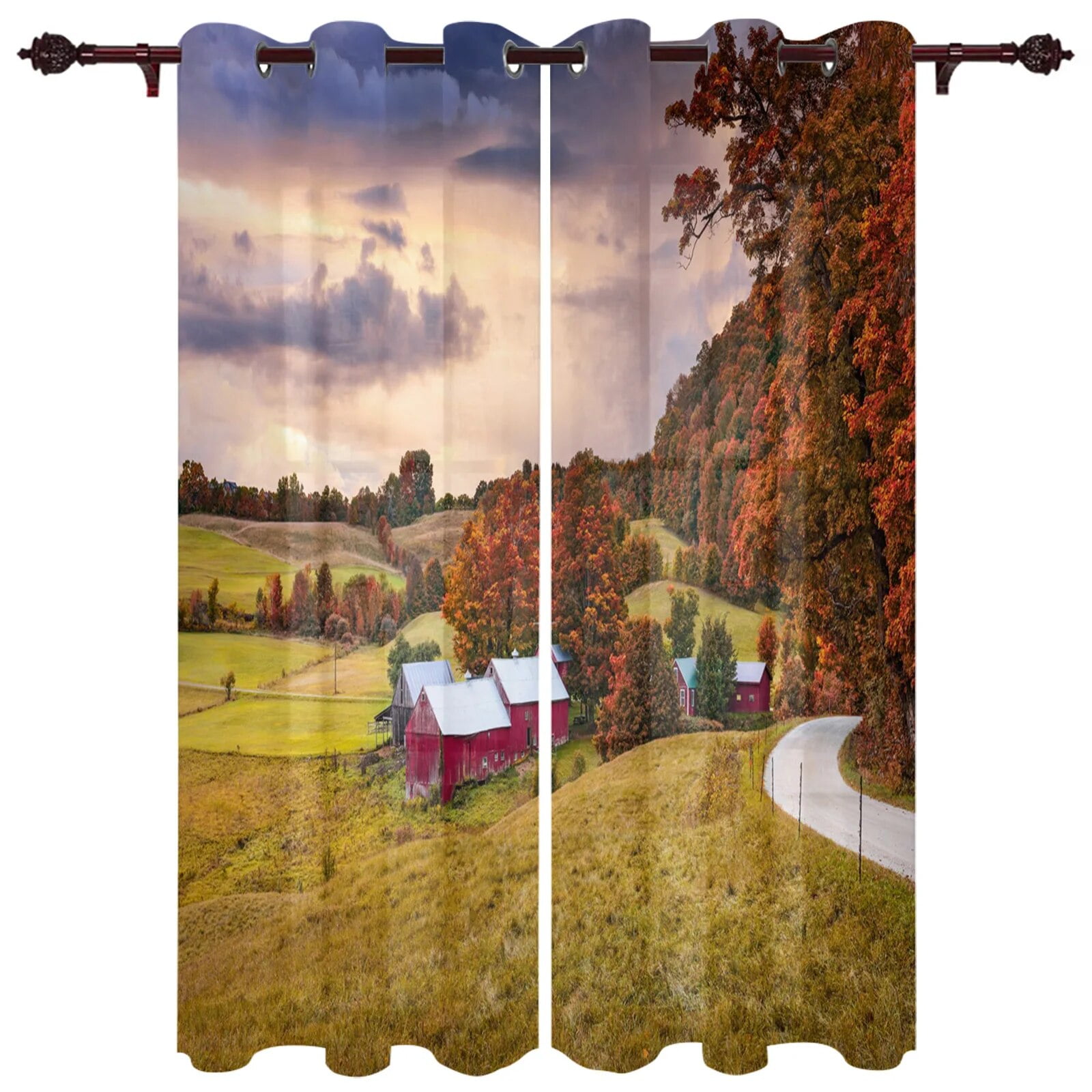 French Window Curtains House Meadow Tree Dusk Living Dining Room Kids ...