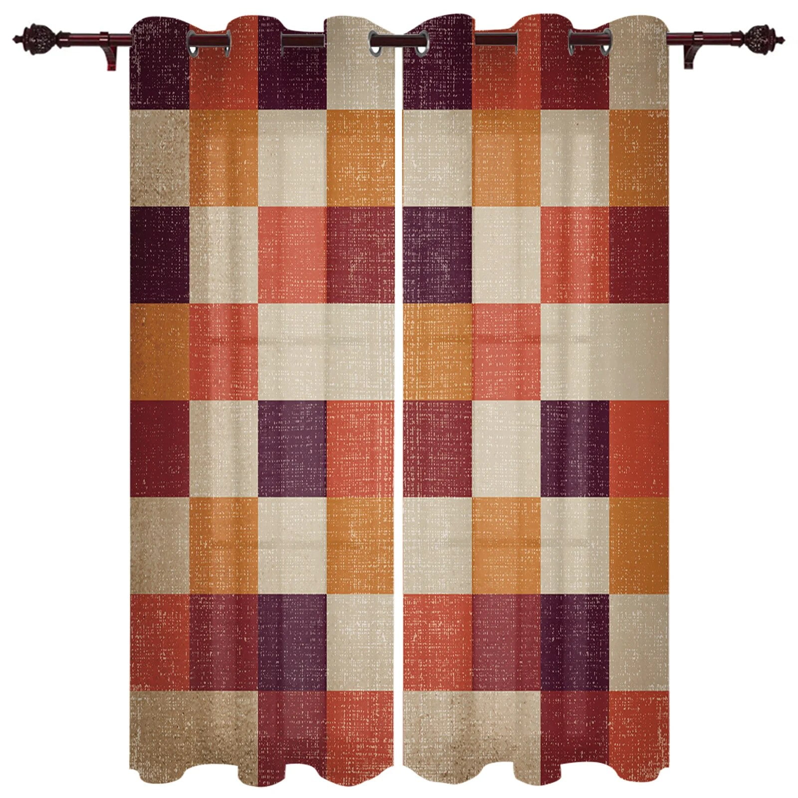 French Window Curtains Retro Checkered Rectangle Living Dining Room ...
