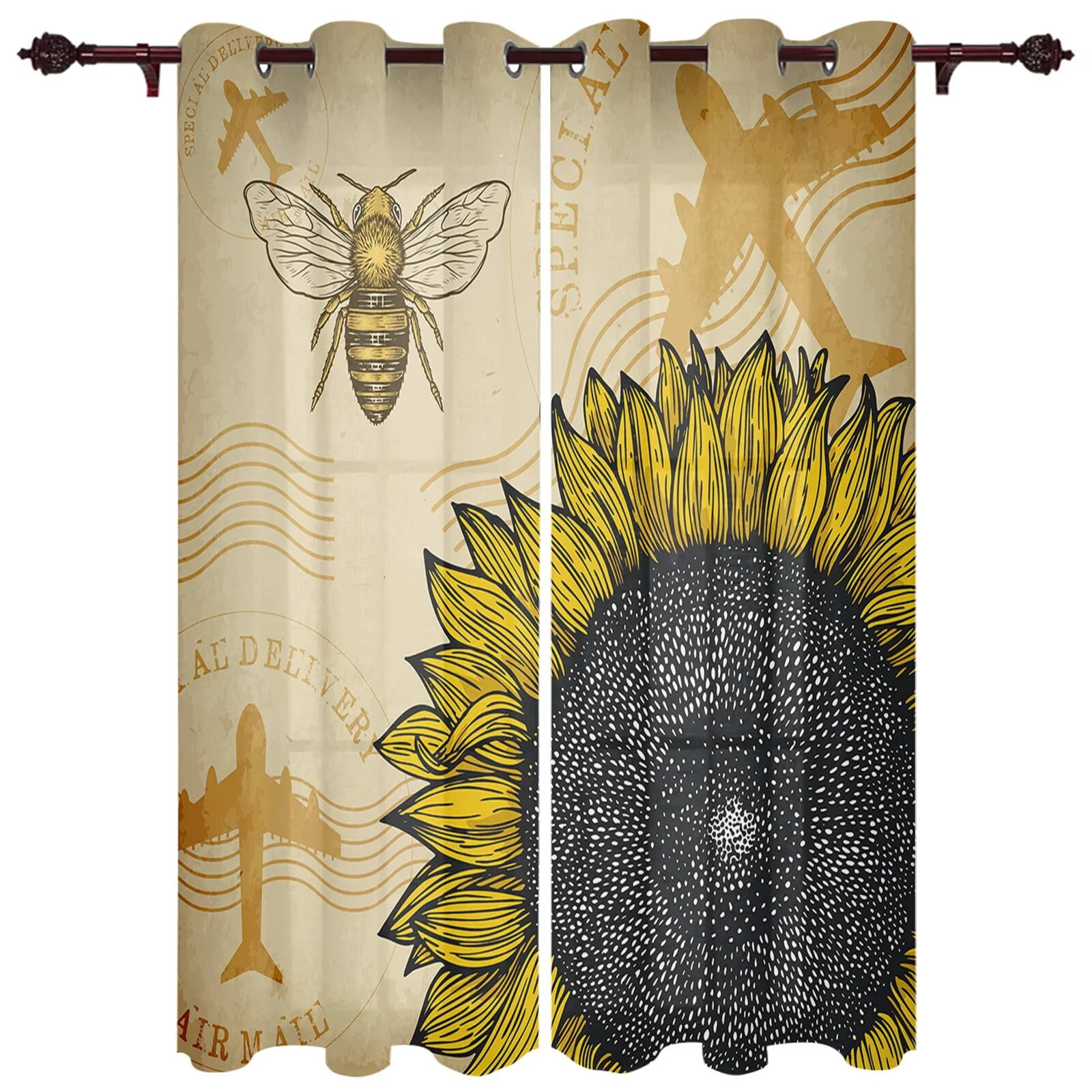French Window Curtains Sunflower Bee Retro Living Dining Room Kids ...