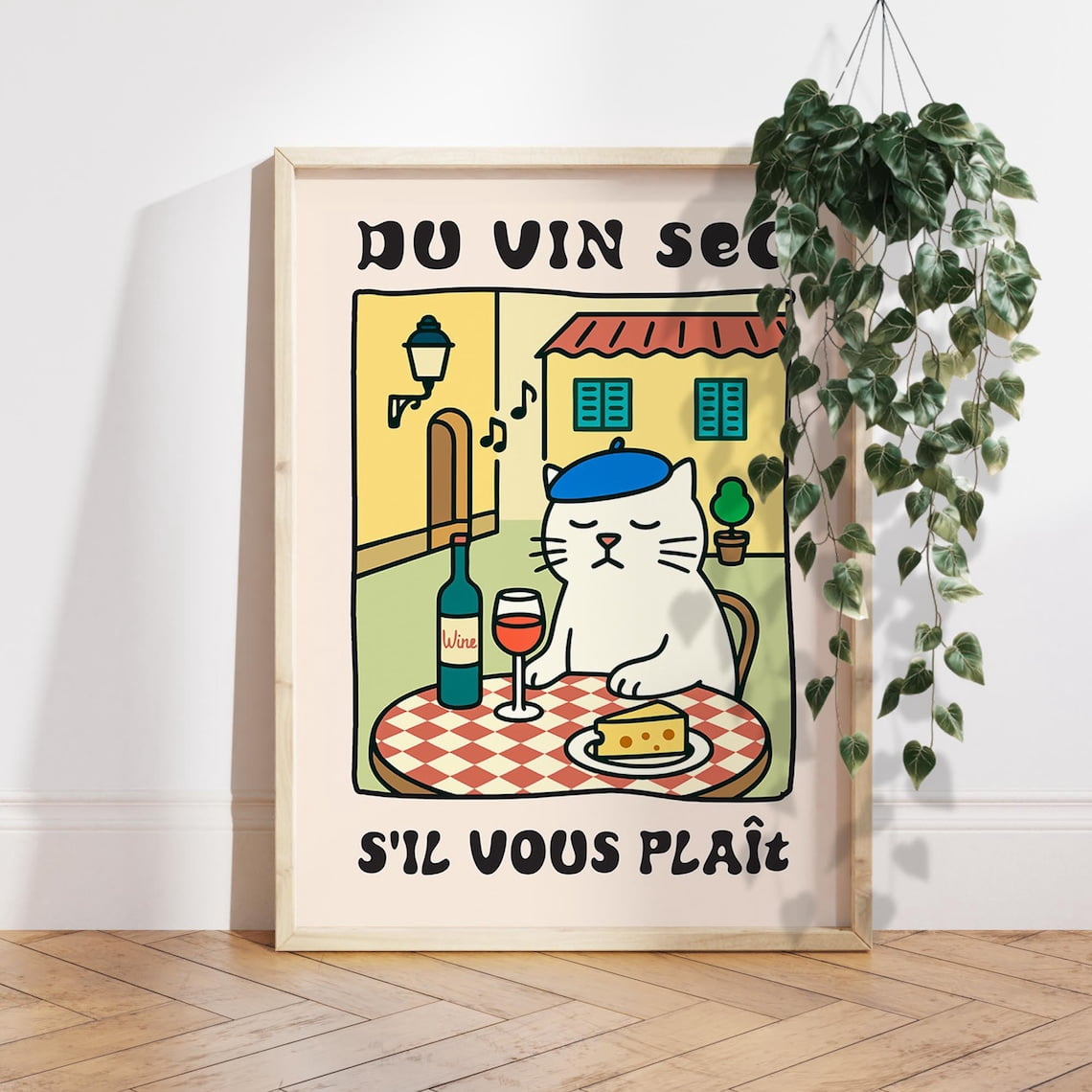 French Wine Cat Du Vin Sec Cute Parisian Kitchen Wall Decor, Unframed ...