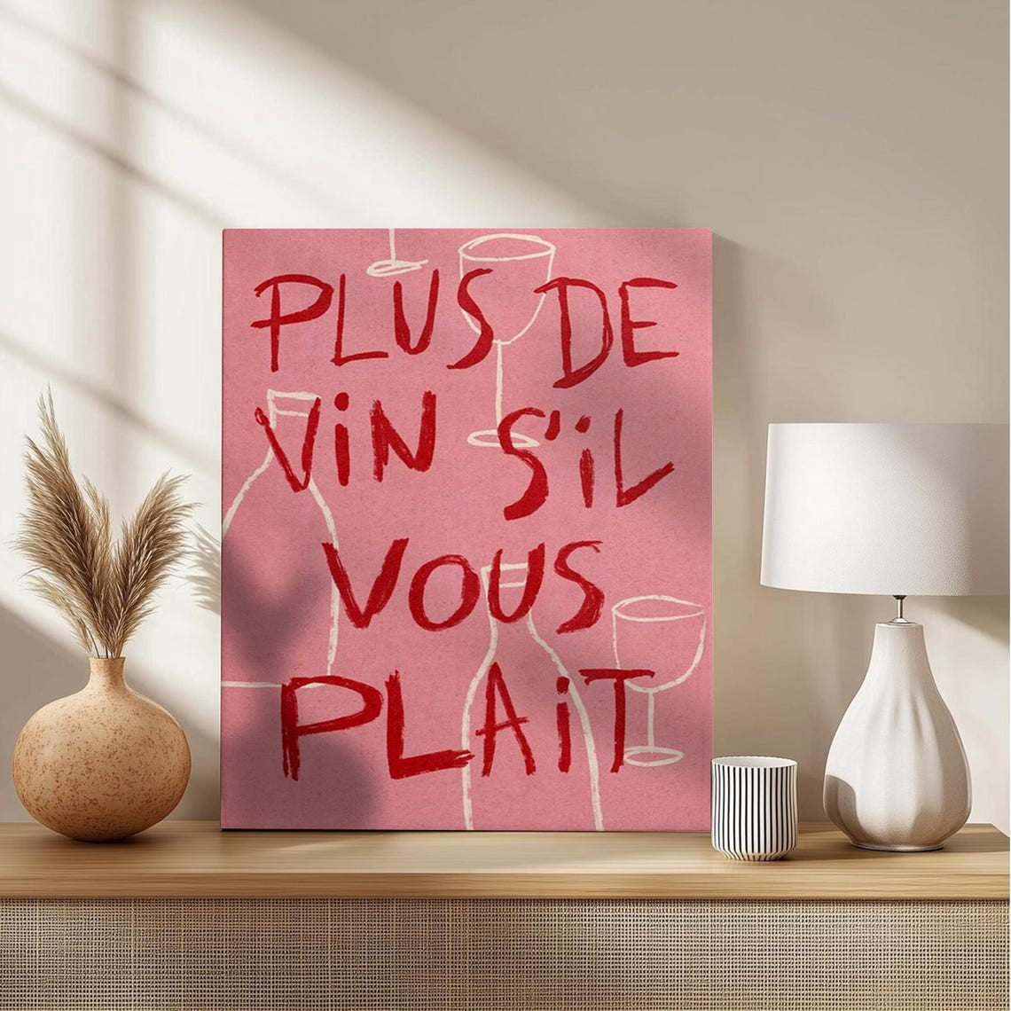 French Wine Quote Poster Plus De Vin S'Il Vous Plaã®T, Pink Bar Decor ...