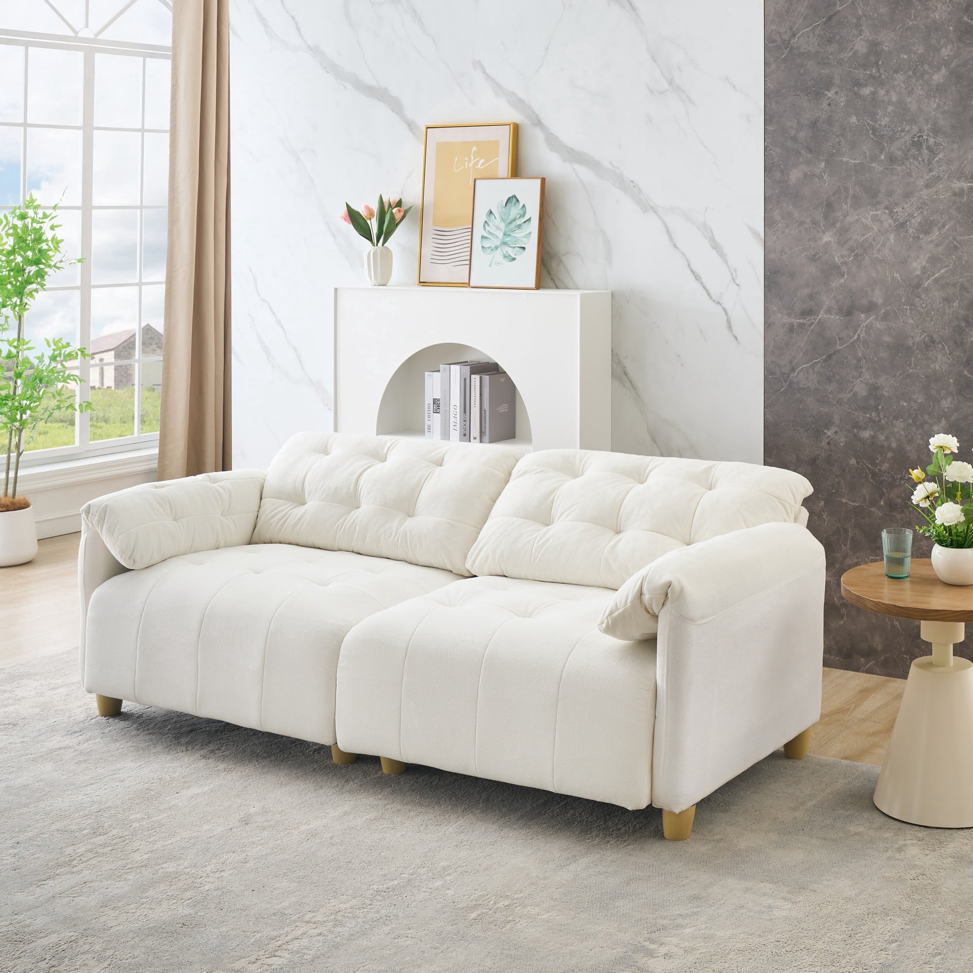 French Retro Cloud Fabric Double Seat Creamy Style Straight-line Sofa ...