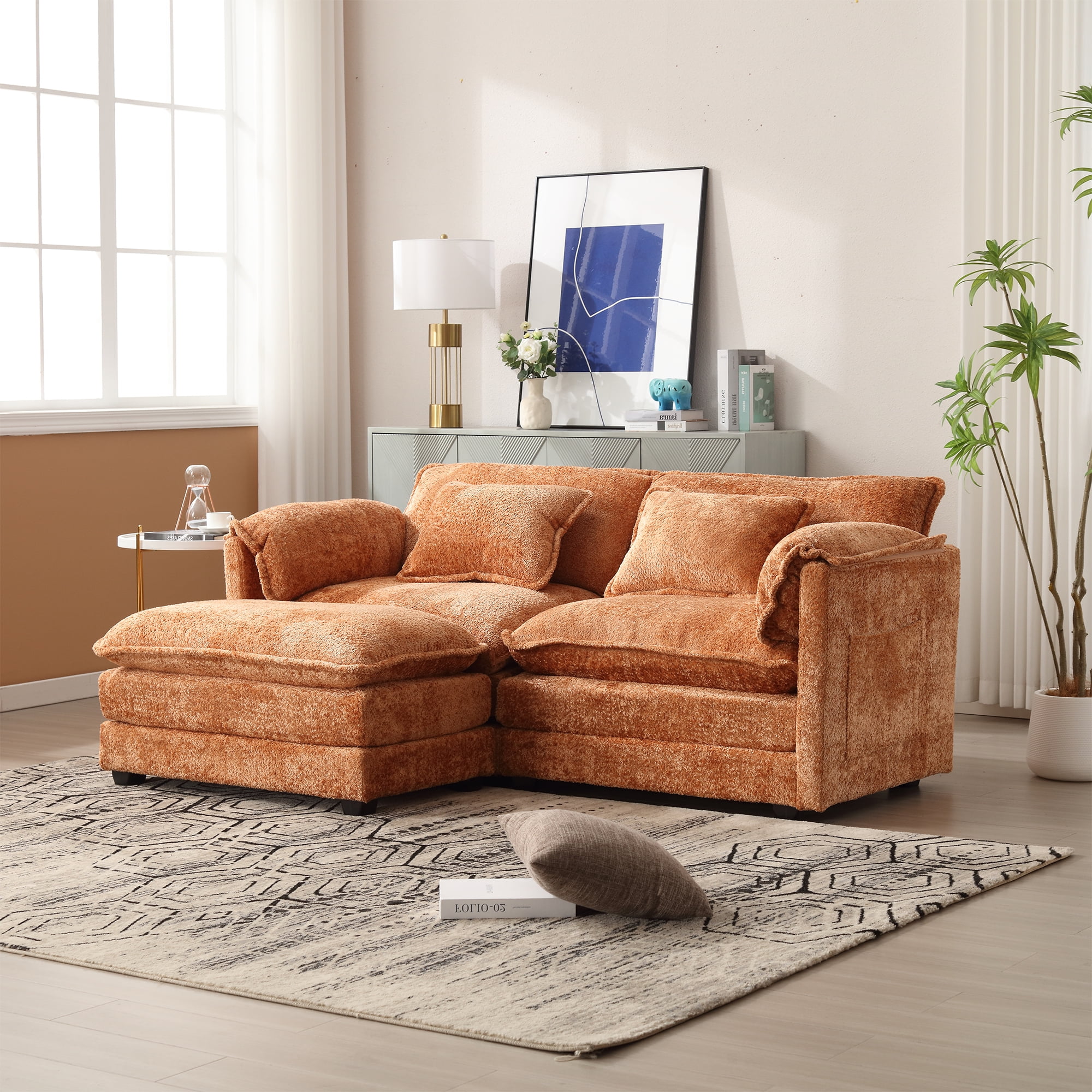 French retro cloud fabric double-seat creamy style straight-line sofa ...