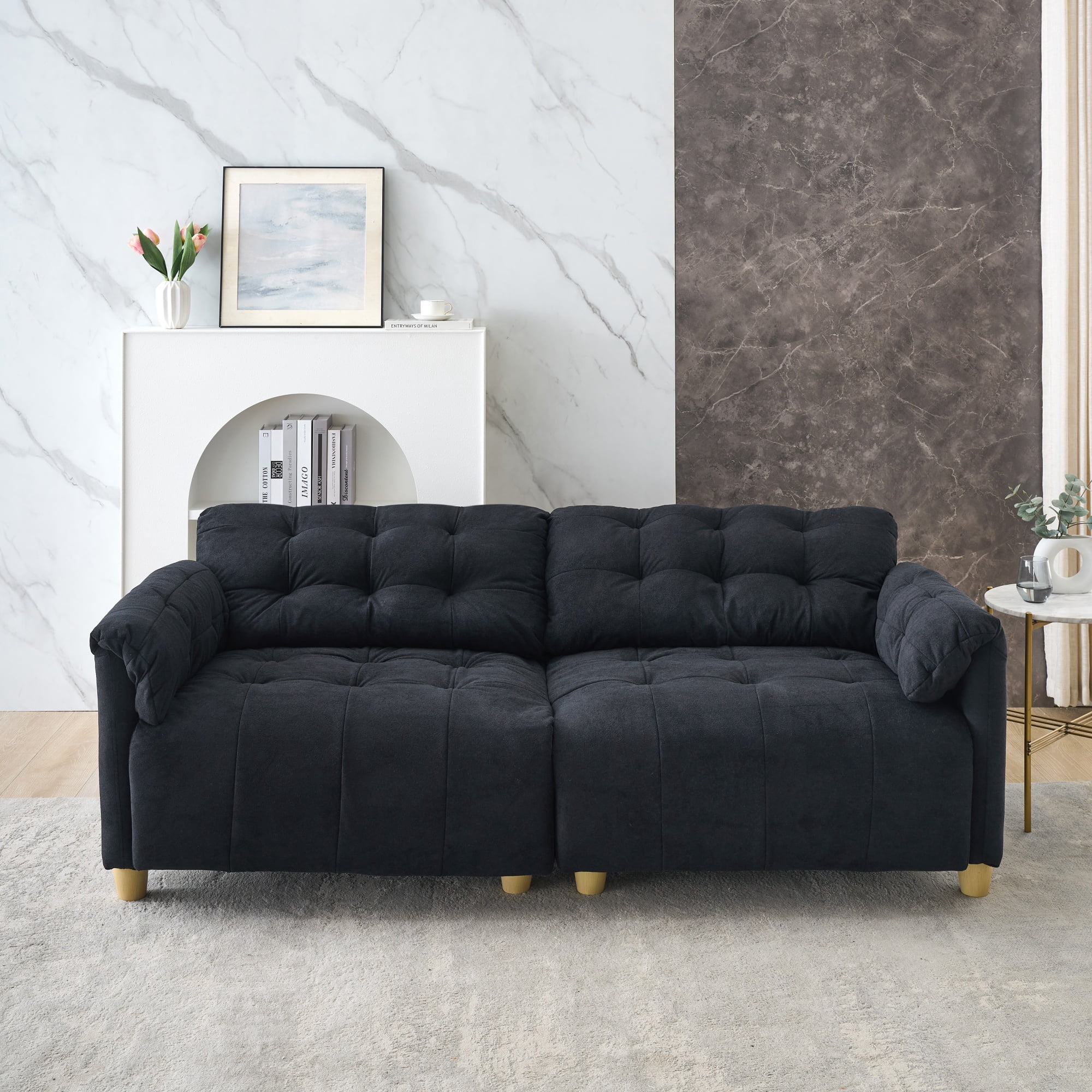 French Retro Cloud Fabric Double Seat Creamy Style Straight-line Sofa ...