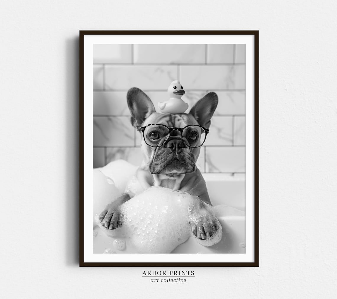 Frenchie Bath Wall Art, Dog And Rubber Duck, French Bulldog, Black And ...
