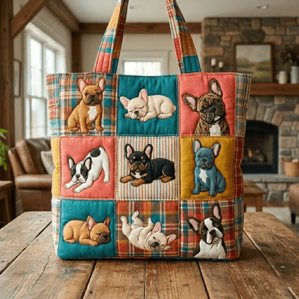 Frenchie Bulldog Quilted Tote Bag - Stylish Wave Stitch Shoulder Bag ...