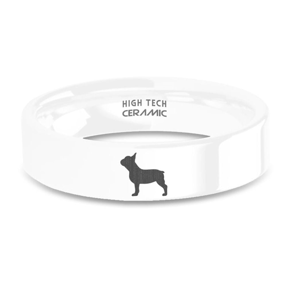 Frenchie French Bulldog Laser Engraved White Ceramic Wedding Band, 6mm ...