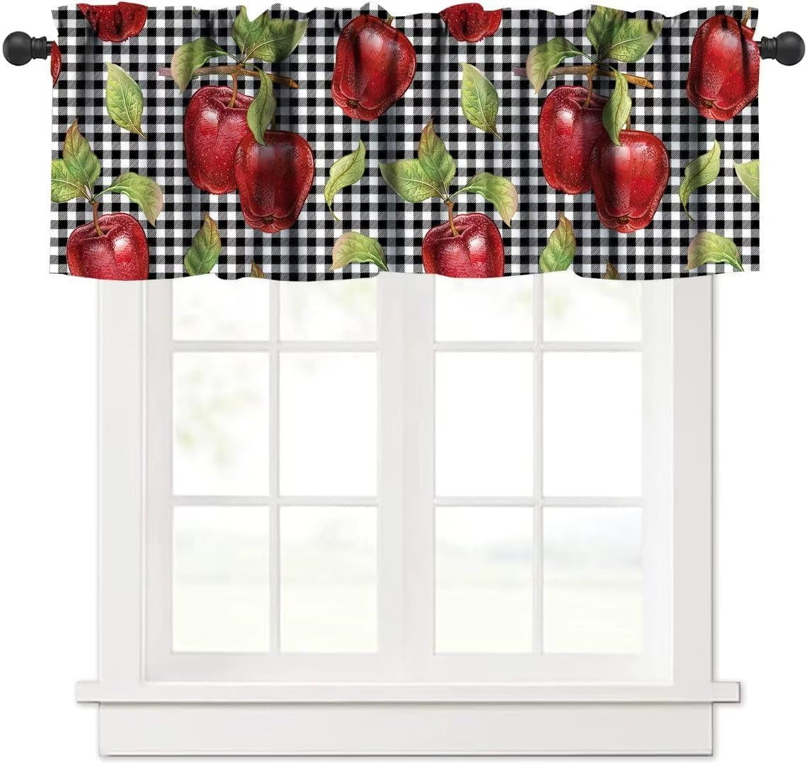 Fresh Apple Curtain Valance,Red Apple On Black Buffalo Check Plaid ...
