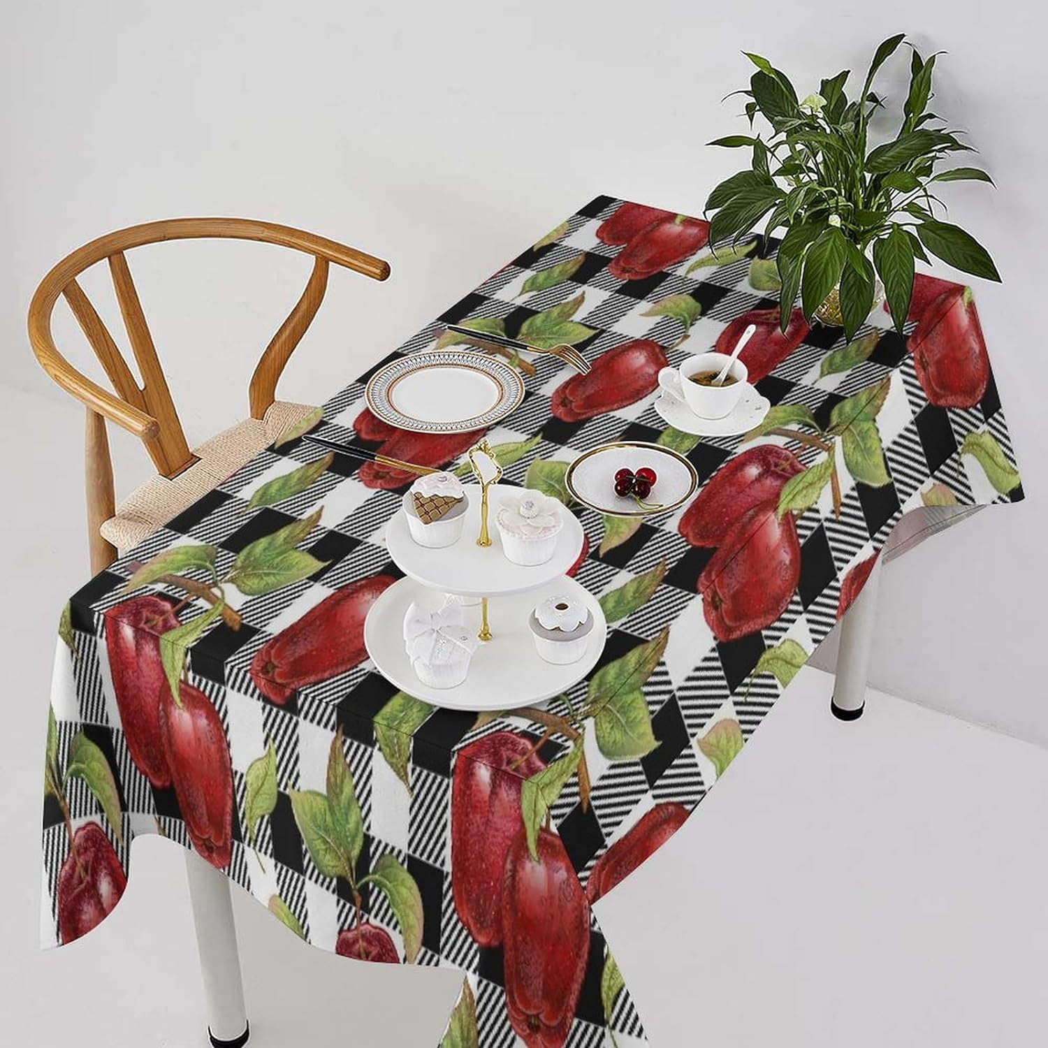 Fresh Apple Tablecloth, Rustic Retro Black Buffalo Check Plaid,Red ...