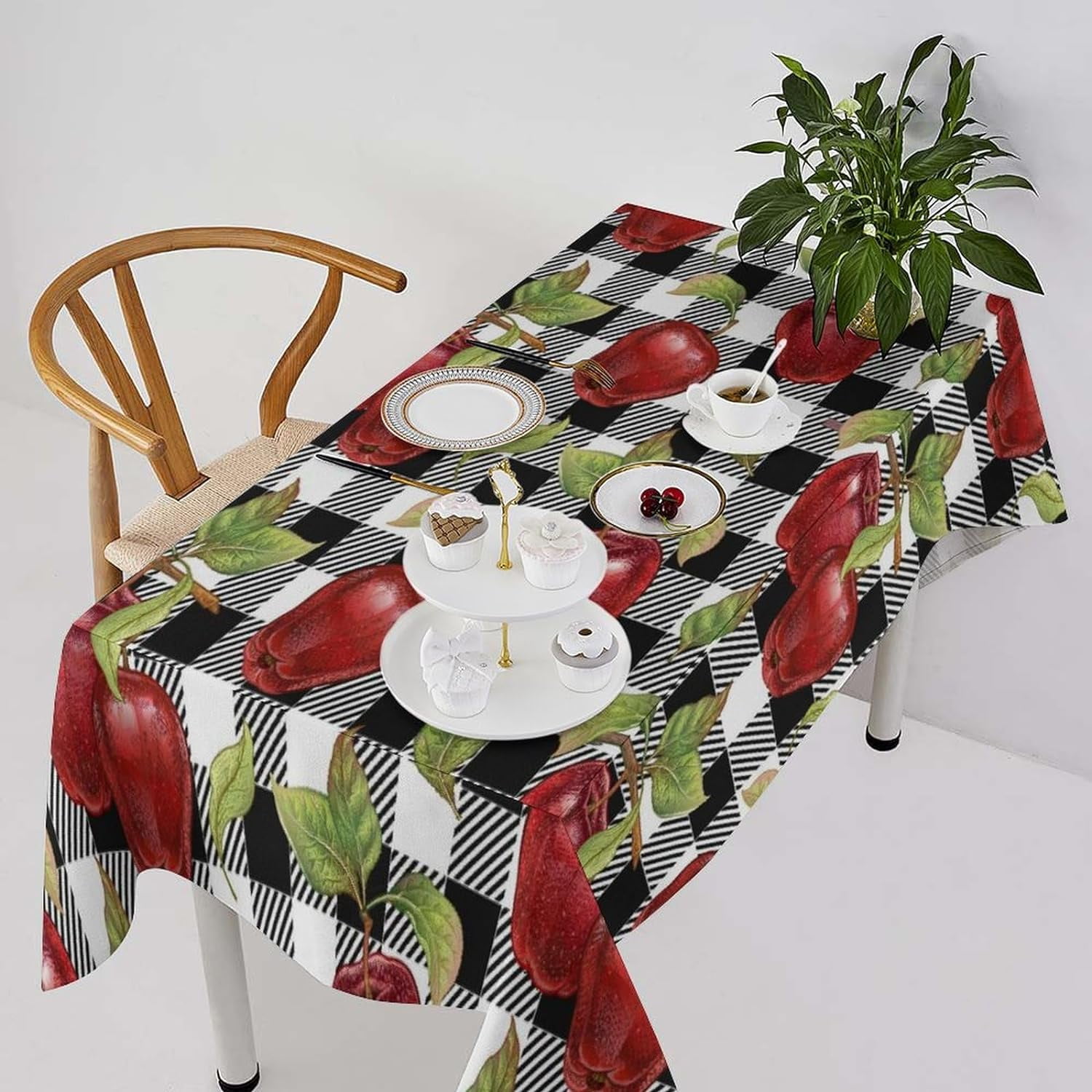 Fresh Apple Tablecloth, Rustic Retro Black Buffalo Check Plaid,Red ...