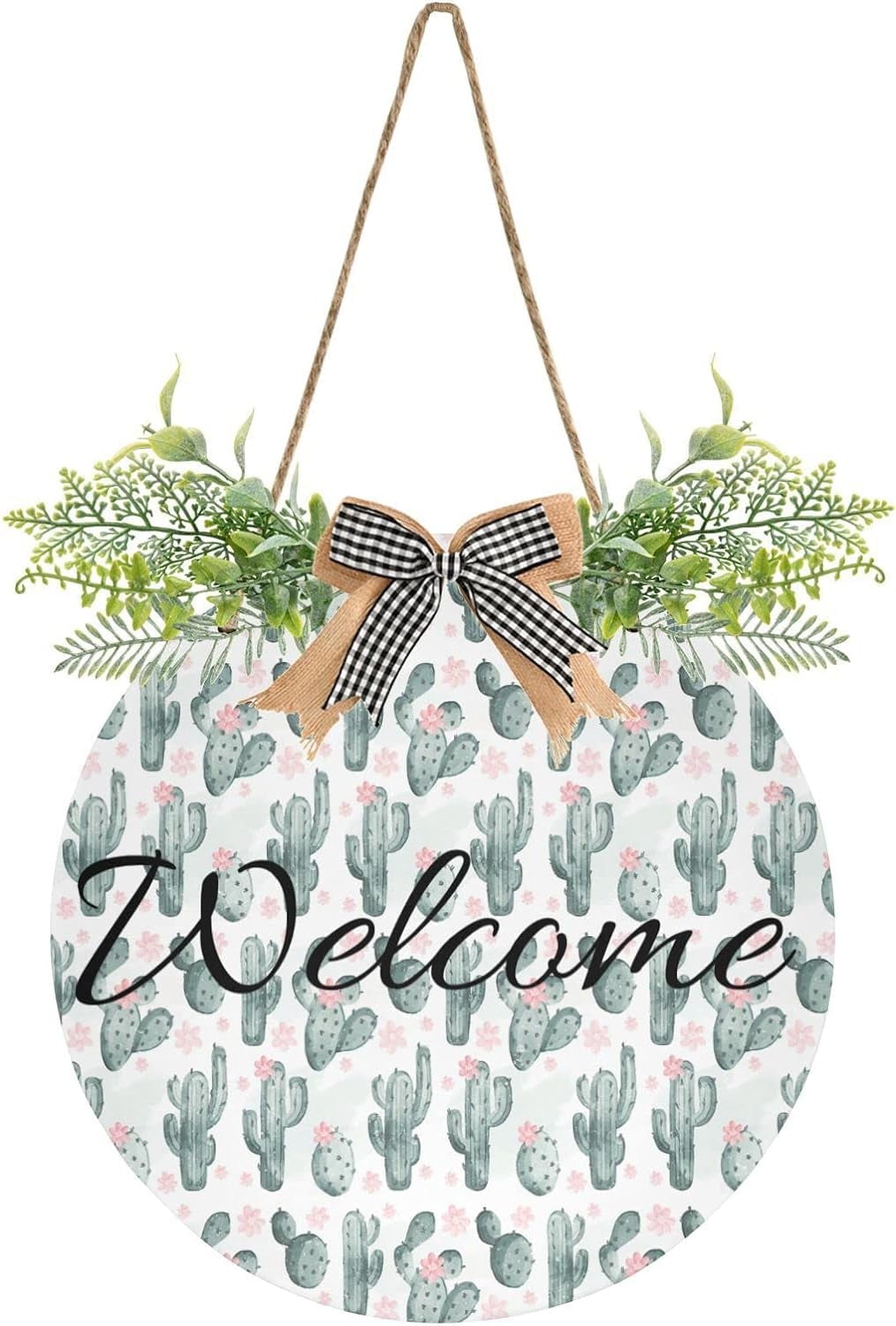 Fresh Cactus Flower Welcome Sign for Front Door, Round Sign Hanging ...