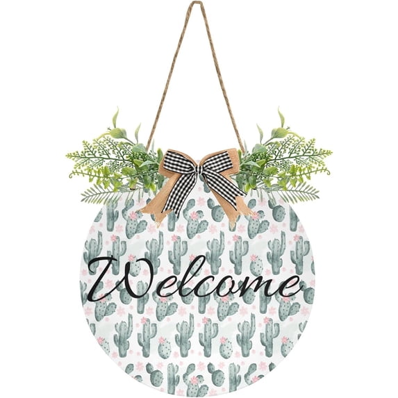 Fresh Cactus Flower Welcome Sign for Front Door, Round Sign Hanging ...
