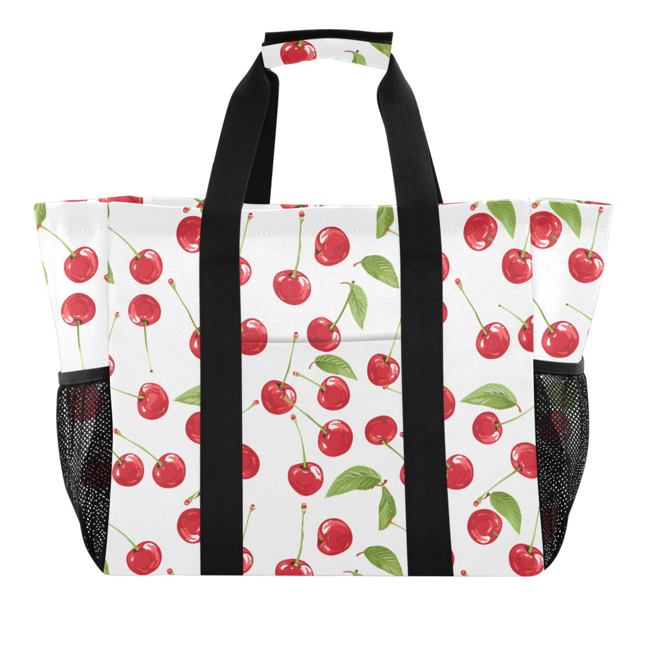 Fresh Cherries Reusable Grocery Bags with Handle Side Pocket Waterproof ...