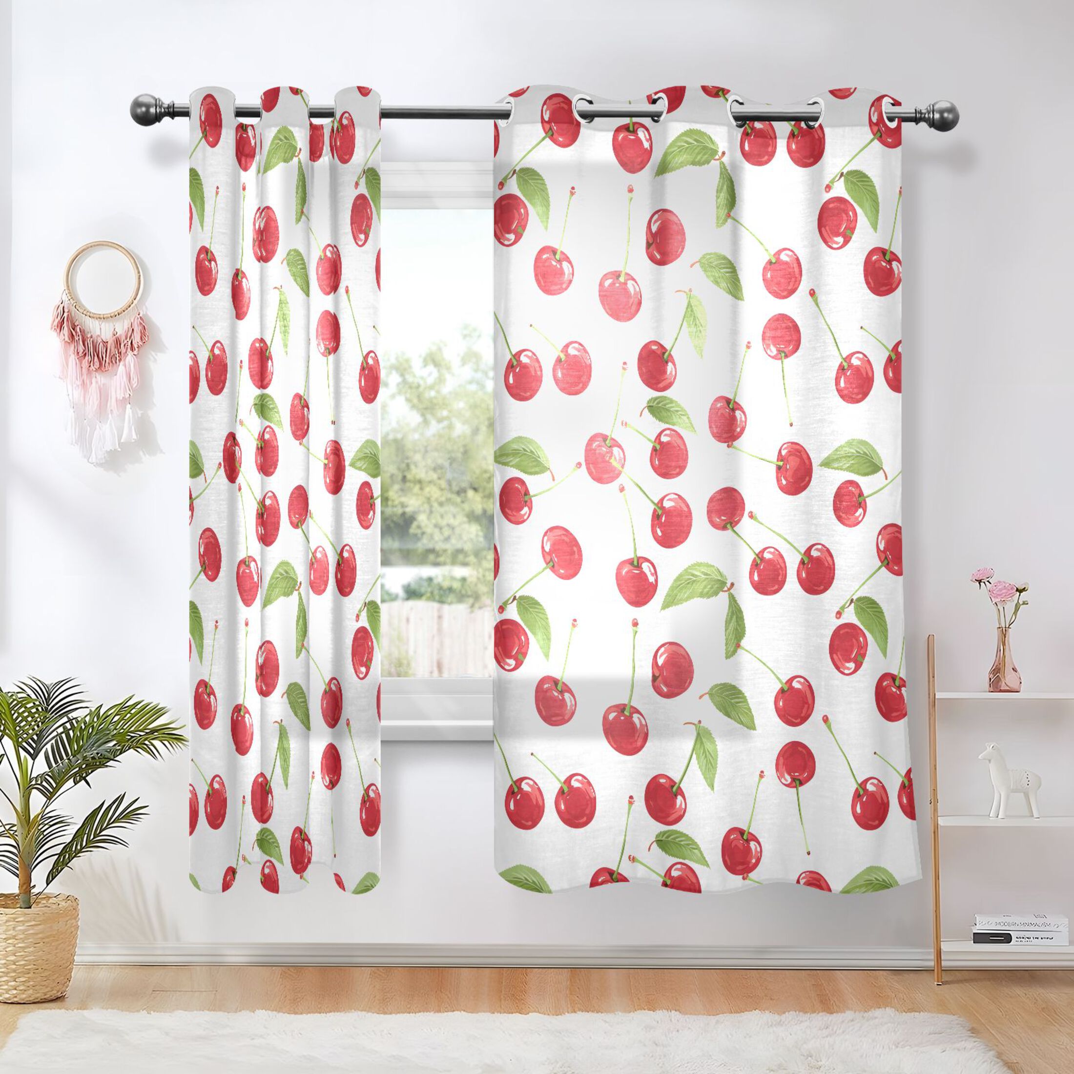 Fresh Cherries Sheer Curtains 2 Panels Set Grommet Drapes for Bedroom ...