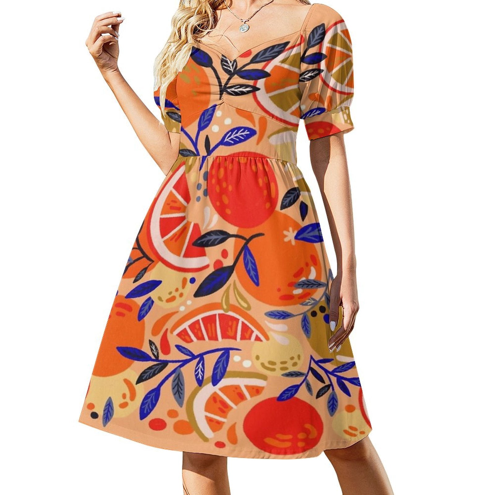 Fresh Citrus Orange Short Sleeve Dress Clothes Women's Summer Dress ...
