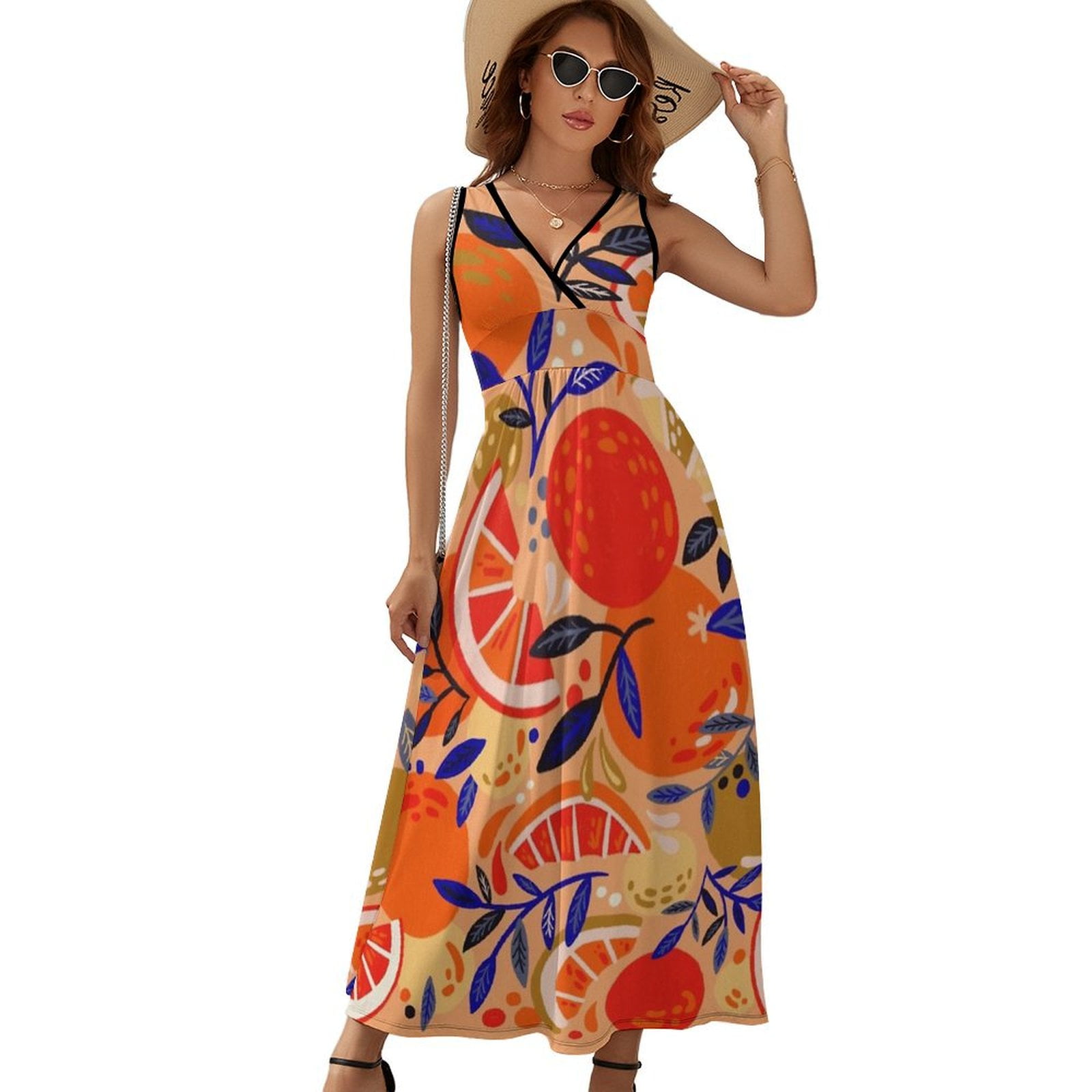 Fresh Citrus Orange Womens Night Club Maxi Dress V Neck Sleeveless ...