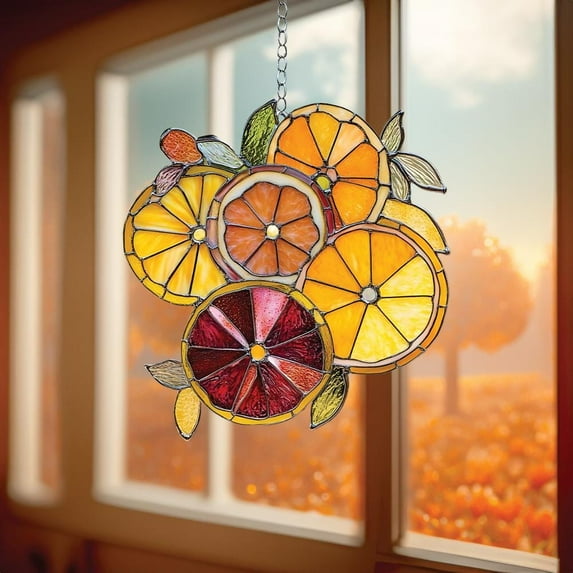 Fresh Citrus Stained Glass Panel, Handmade Orange Slice Window Hanging ...