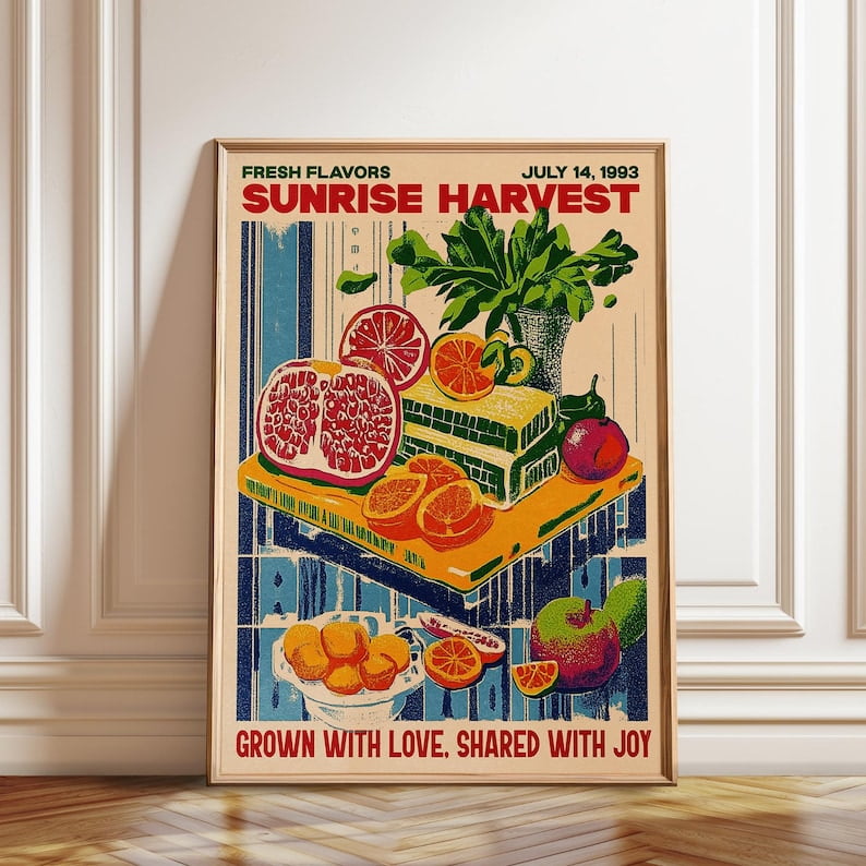 Fresh Citrus and Greens Retro Fruit Market Sunrise Harvest Poster ...