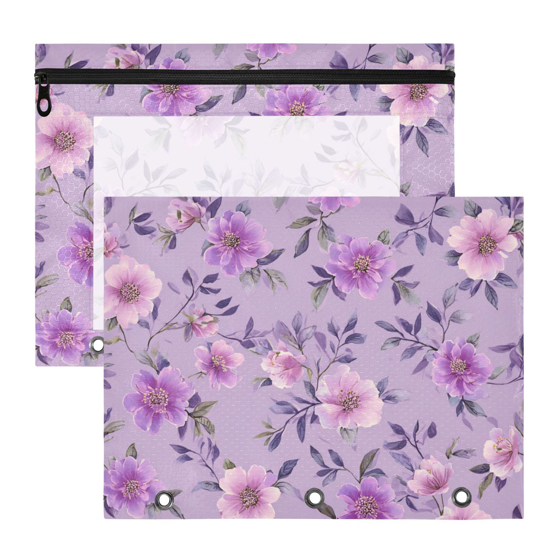 Fresh Flowers Lavender Pink 3-Ring Binder Pouches A4 Size Zipper Pocket ...