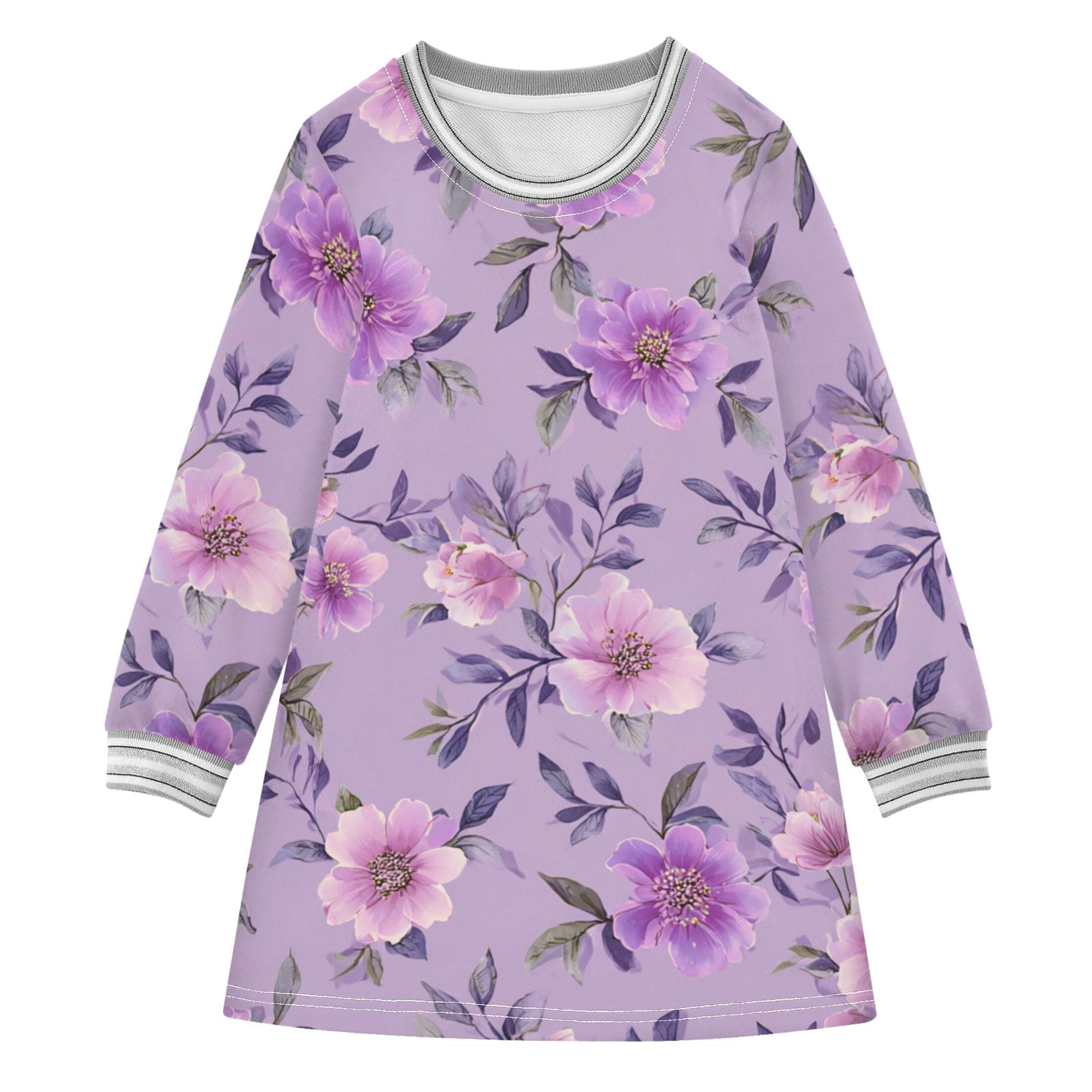 Fresh Flowers Lavender Pink Long-sleeved Dress A-line One-Piece Dress ...