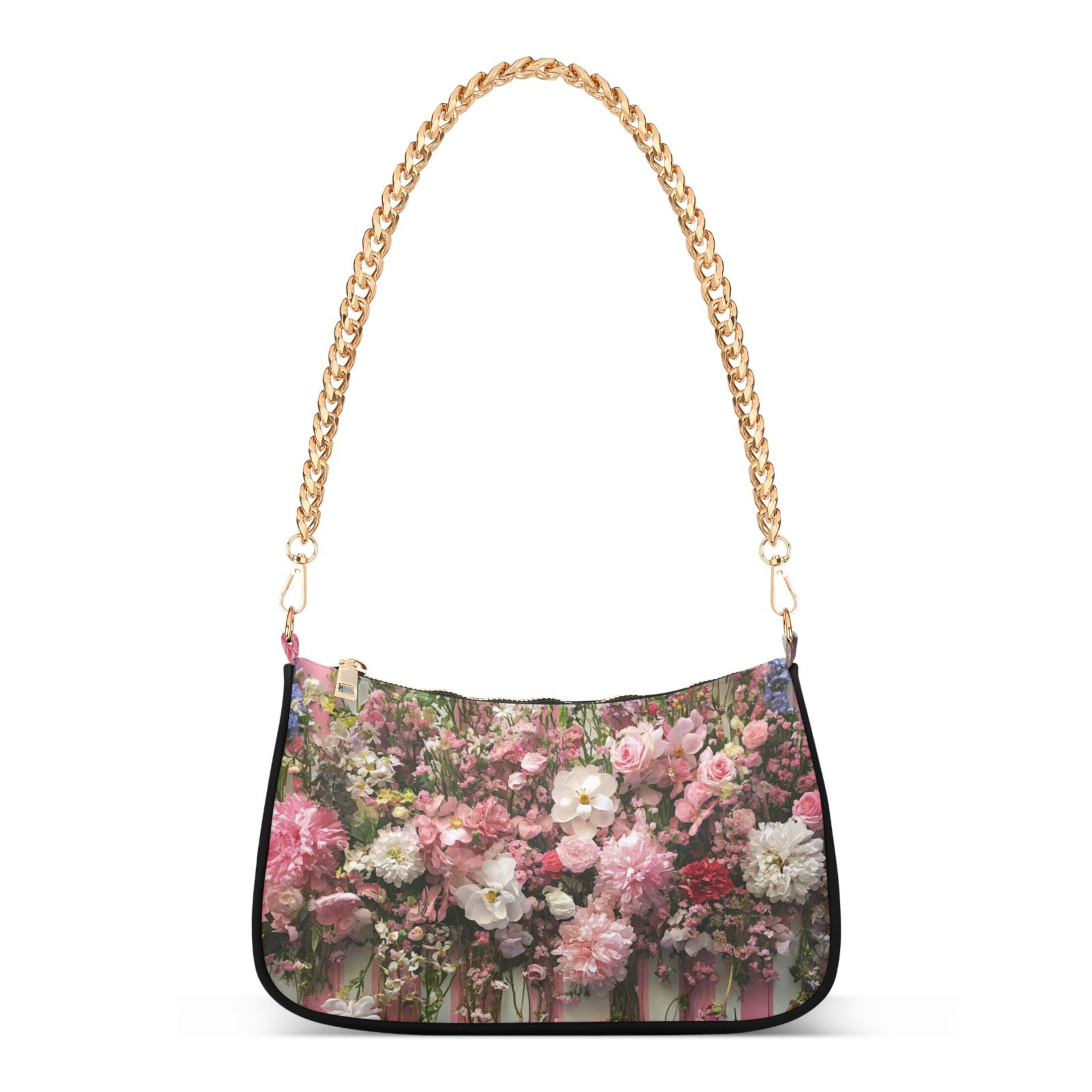 Fresh Flowers Stripes Background Women's Tote Bag Polyester Chain Bag ...