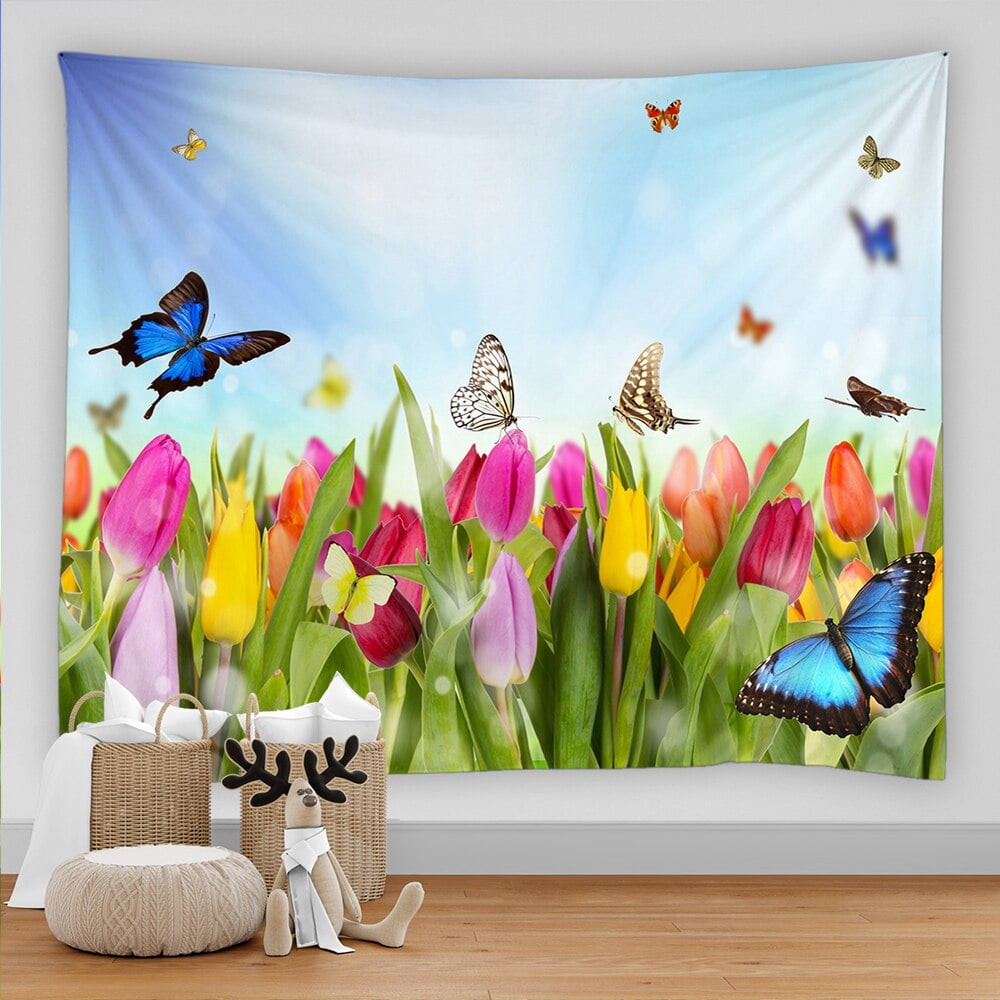Fresh Flowers Tulips Butterfly Psychedelic Tapestry Boho Mandala Wall ...