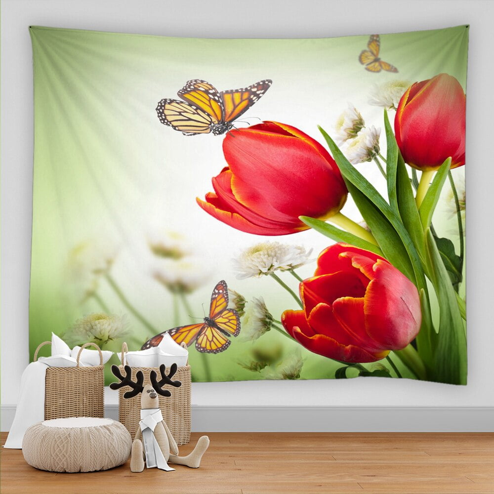 Fresh Flowers Tulips Butterfly Psychedelic Tapestry Boho Mandala Wall ...