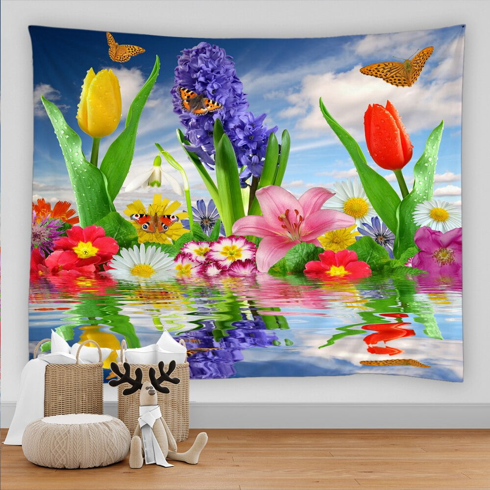 Fresh Flowers Tulips Butterfly Psychedelic Tapestry Boho Mandala Wall ...