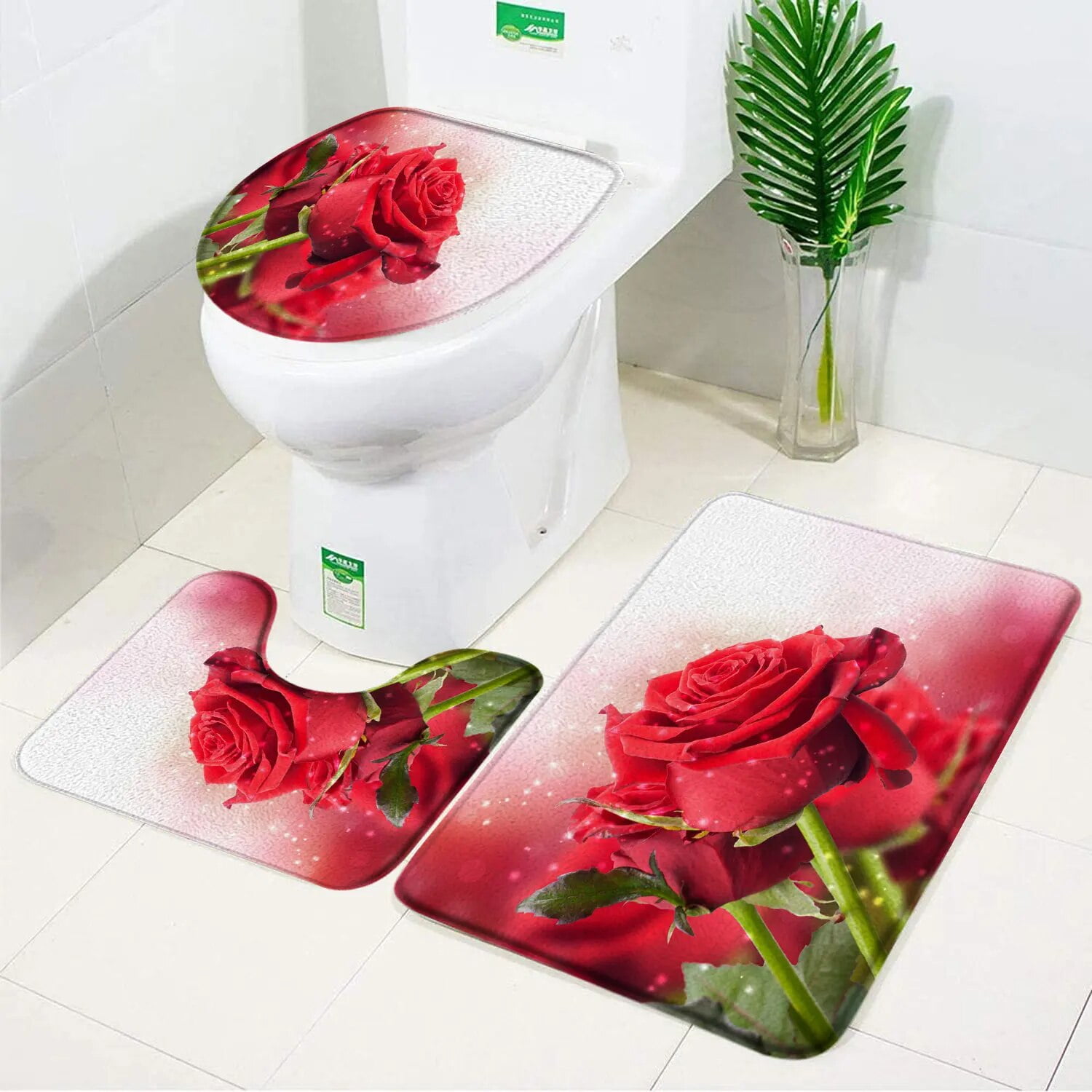 Fresh FlowersWith Dewdrops Red Rose Bath Mat Set Non-slip Toilet Lid ...