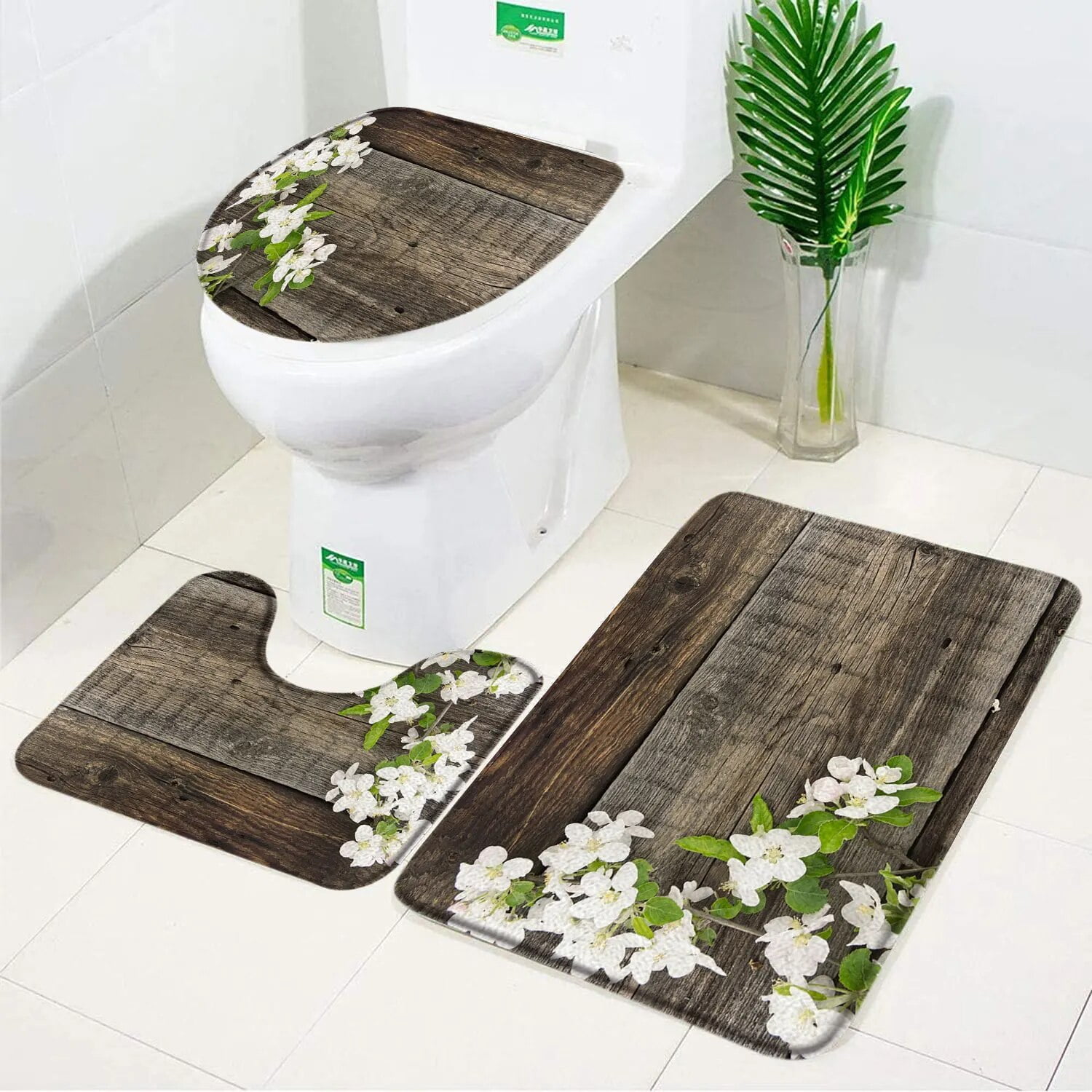 Fresh FlowersWith Dewdrops Red Rose Bath Mat Set Non-slip Toilet Lid ...