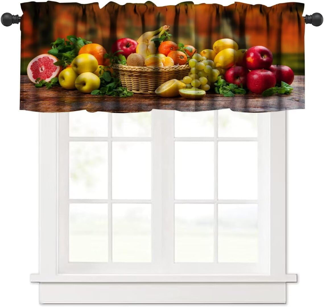 Fresh Fruit Kitchen Valance, Apple Banana Grape On Rustic Wooden Board ...