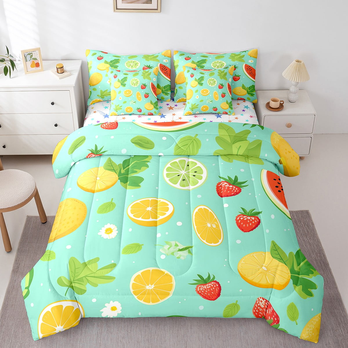 Fresh Fruits 7 Pcs Comforter Set Queen Size Teal Bedding Lemon Orange ...